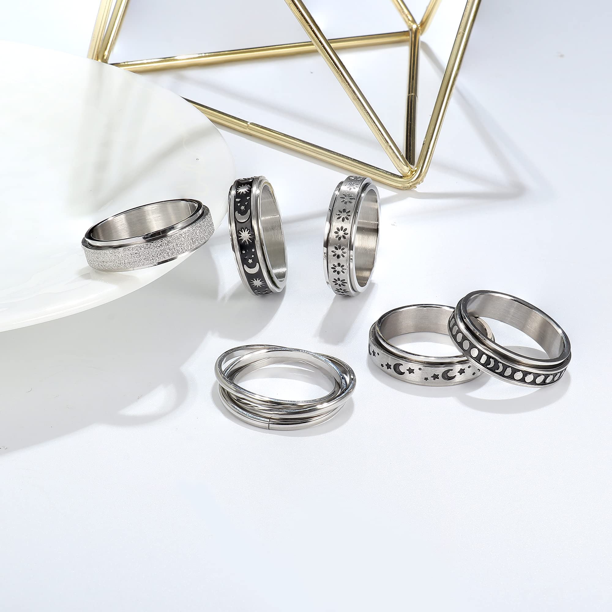 Subiceto 6 Pcs Spinner Rings for Women Stainless Steel Fidget Band Rings Set Moon Star Flower Sand Blast Finish Womens Ring for Stress Relieving Wedding Size 7