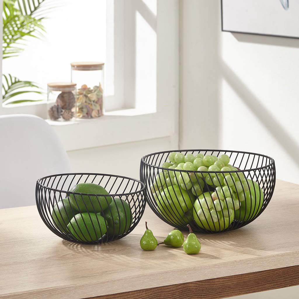 vocheer Metal Wire Fruit Basket, 2 Pcs Round Black Metal Bowl Vegetable Holder Decorative Stand for Bread, Snacks, Households Items Storage