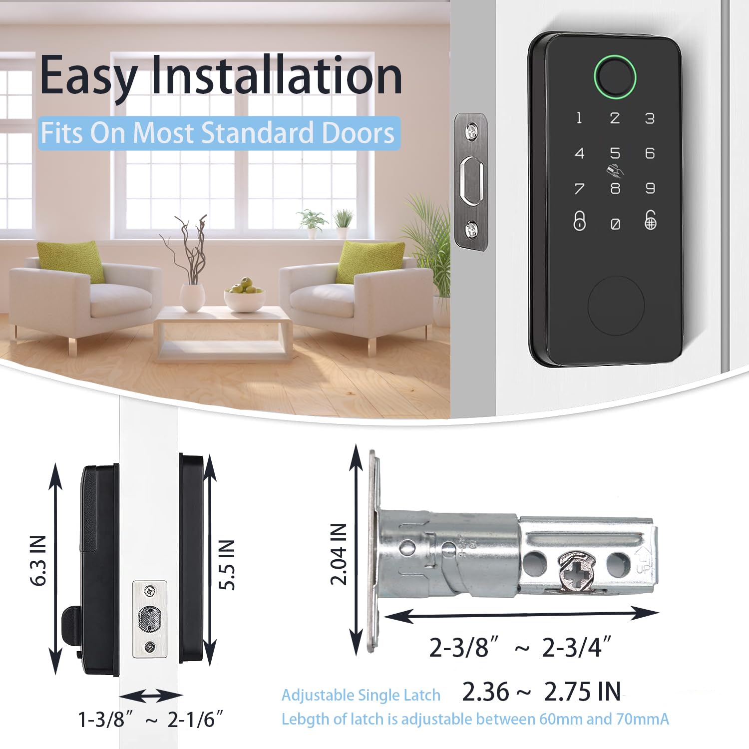 Matte Black Automatic Smart Lock, 5-in-1 Keyless Entry Door Lock, App Remote Control, Electronic Door Lock with Fingerprint, IC Cards, Touchscreen Keypad, Key,No Bridge Required, Easy Installation