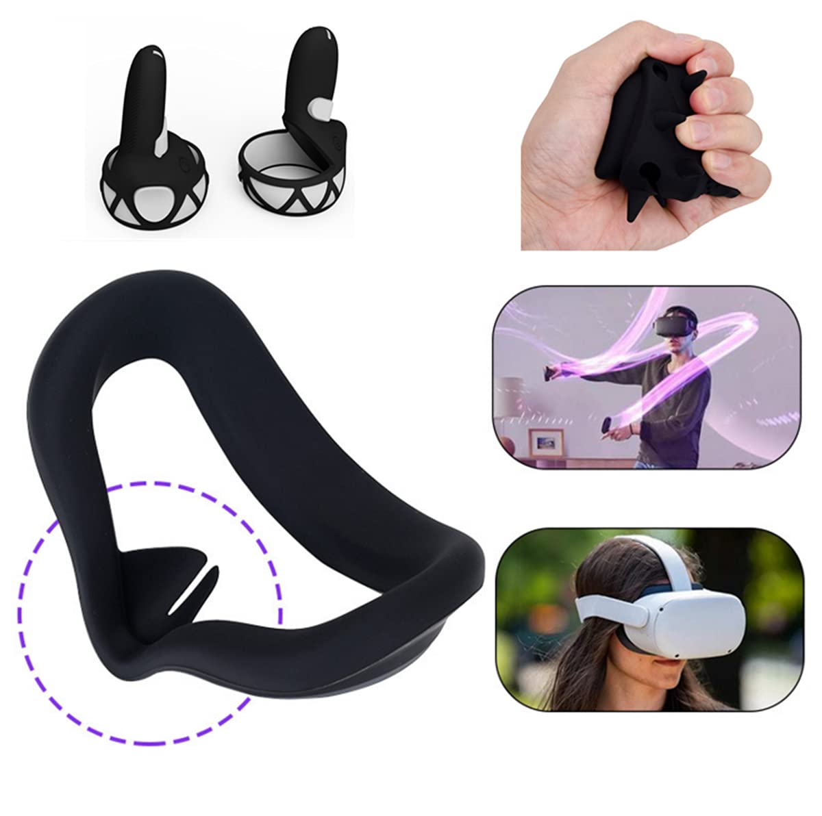 Silicone Controller Grip Cover for Oculus Quest 2 with Face Cover Combo, VR Headset Accessories Protect Skin Sweatproof Lightproof Anti-Leakage VR Silicone Interfacial Cover (Black)