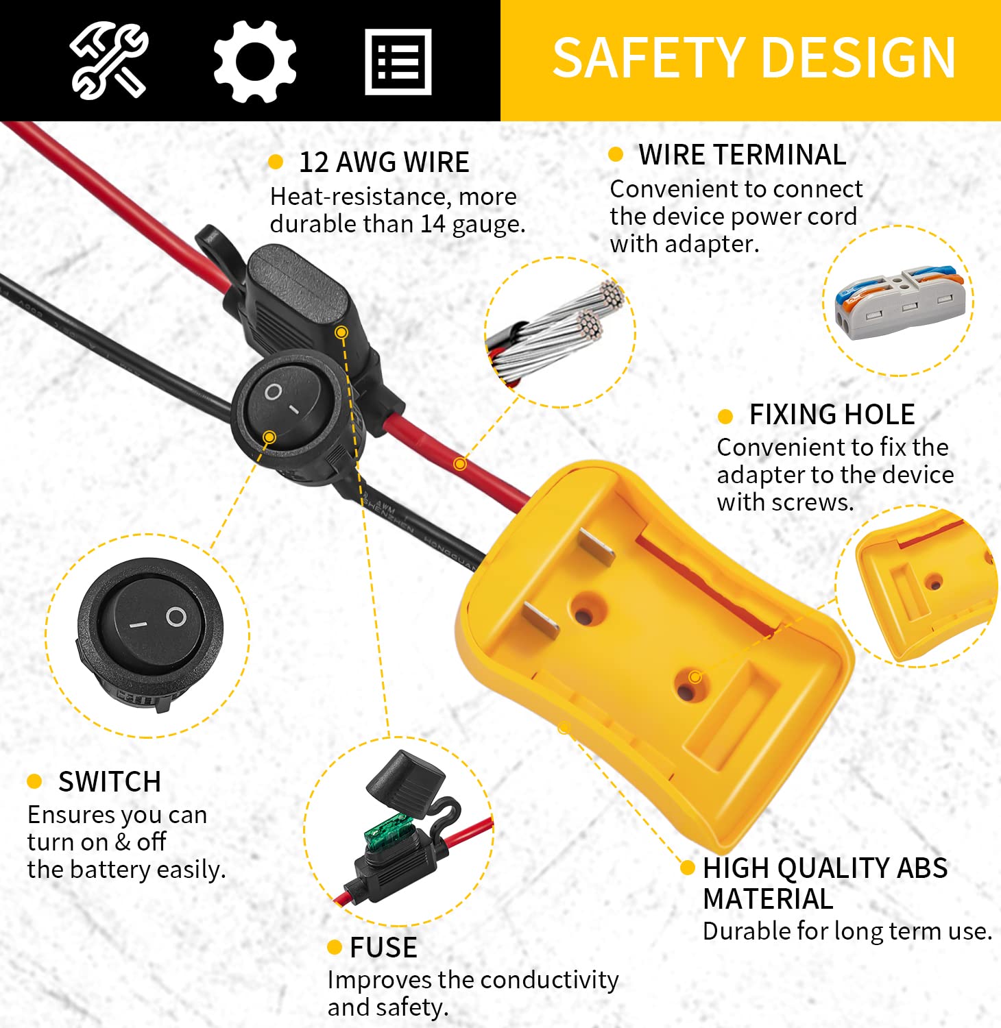 Power Wheel Adapter for Dewalt 20V Battery Series with Fuse, Switch & Wire Terminal, 3Pcs 30A Fuse, 12 AWG Wire Battery Converter Connector DIY for RC Toys, Robotics, Truck and Work Lights (1)
