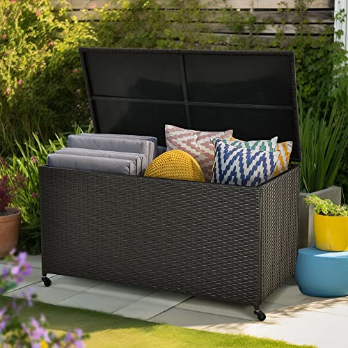 YITAHOME 120 Gallon Large Deck Box with Wheels, Woven Rattan Wicker Outdoor Storage Box, Waterproof Storage Container, Outdoor Cushions Storage-Pool Storage Bin - Brown