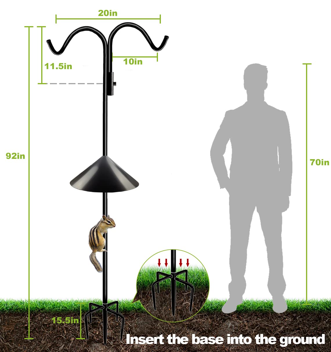 Tuohours 92 Inch Double Shepherd Hook Stand for Outdoor Birdfeeder, Adjustable Two Sided Garden Bird Feeder Pole Holder for Birdhouse Planter Solar Light Lantern, Black, 1 Pack