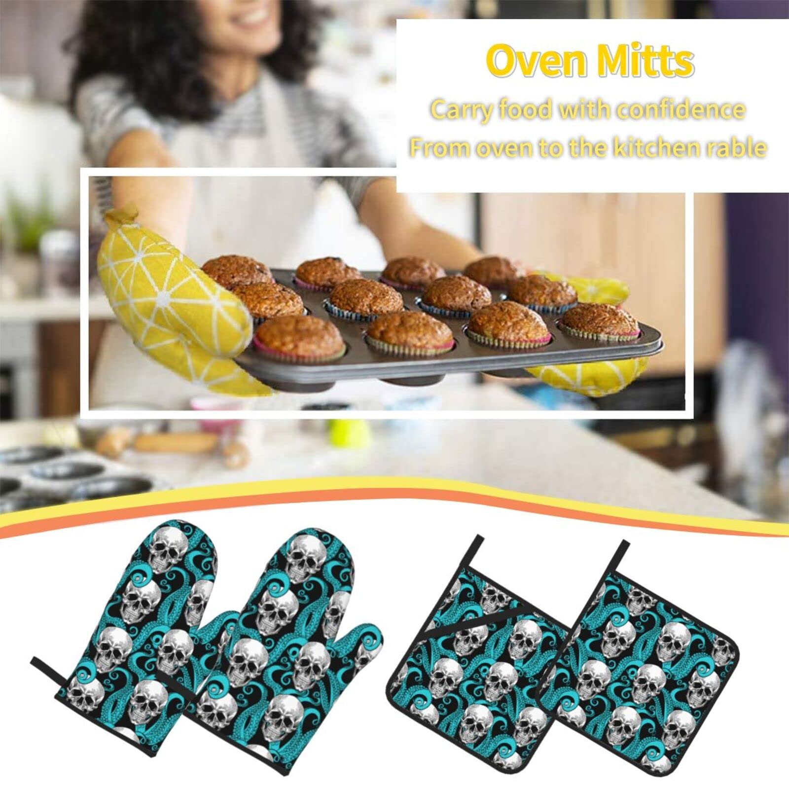 Skull Oven Mitts and Pot Holders 4pcs Sets,Funny Kitchen High Heat Resistant Oven Mitts,with Oven Gloves and Hot Pads Pot Holders for Baking Cooking BBQ Grilling