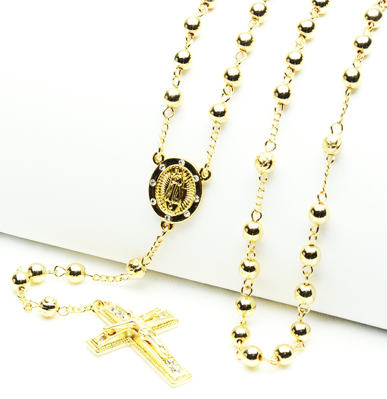 metaltree98 14k Gold Plated 6mm Bead Guadalupe & Jesus Cross 28" Rosary Necklace HR 600 G