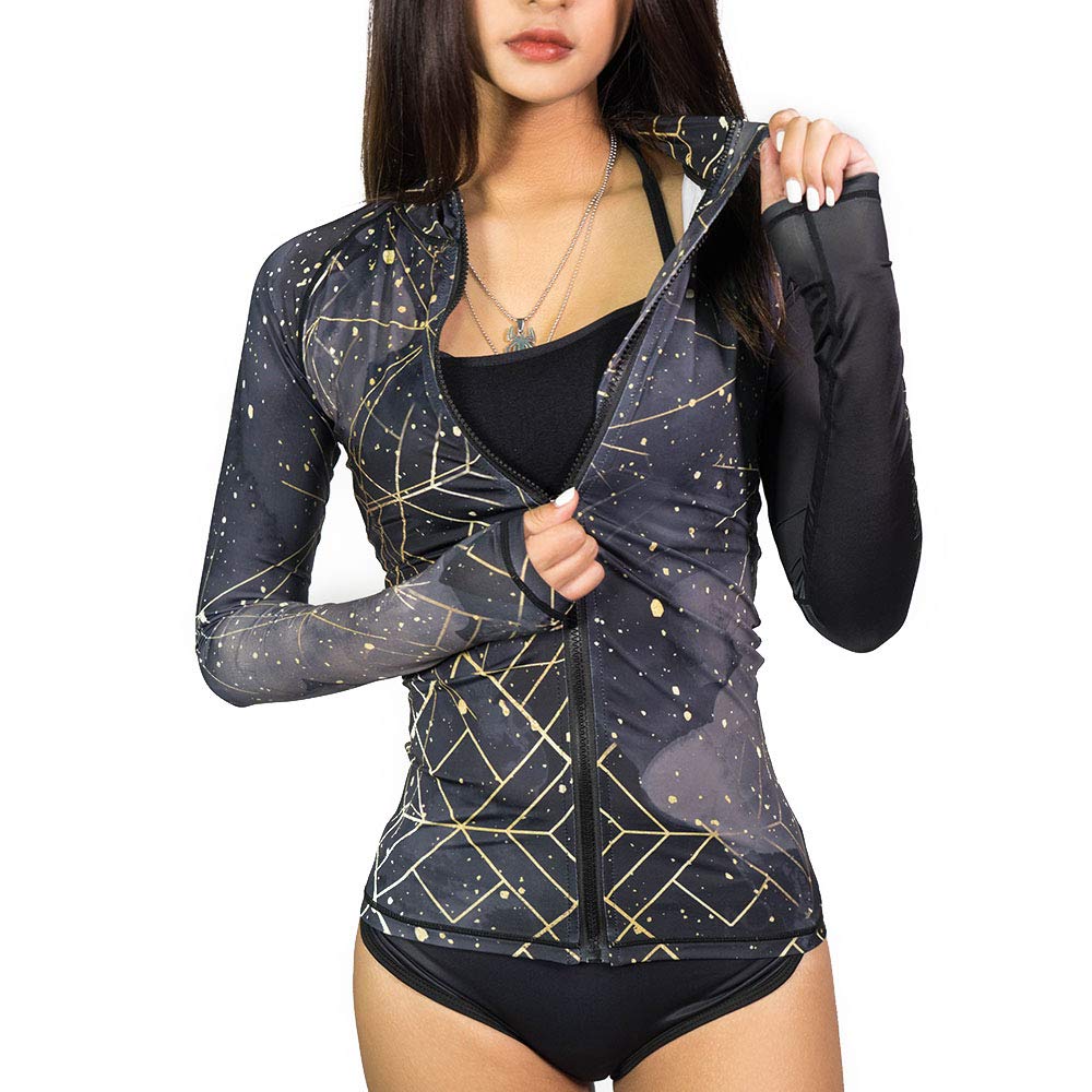 NU-JUNE Rash Guard Women Long Sleeve Swimsuit Zip Front SPF Swimwear Diving Black