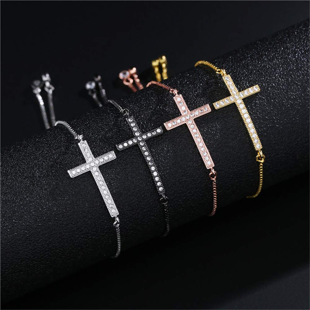NEWBUY Classic Design AAA+ Cubic Zirconia Cross Charm Bracelets For Women Adjustable Copper Chain Bracelet & Bangle Christian Jewelry Baptism Gift (white Gold Plated)