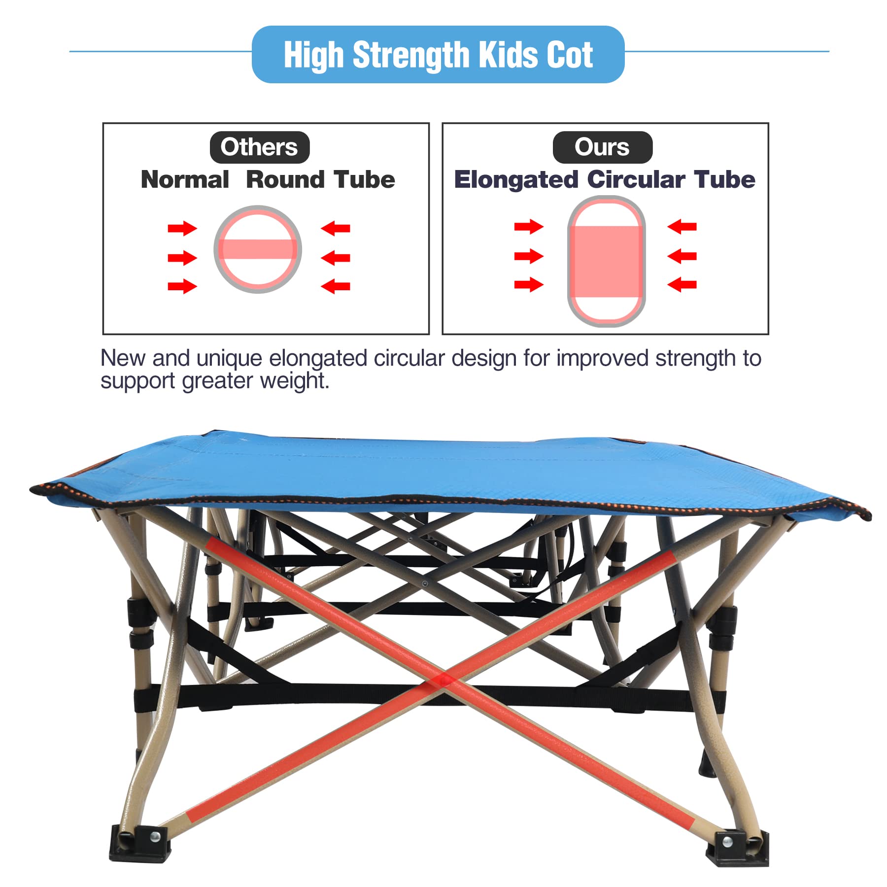 RedSwing Kids Cots for Sleeping Extra Long, Strudy Folding Toddler Cot for Camping Indoor Outdoor, Easy to Carry, 75''x26'' Blue