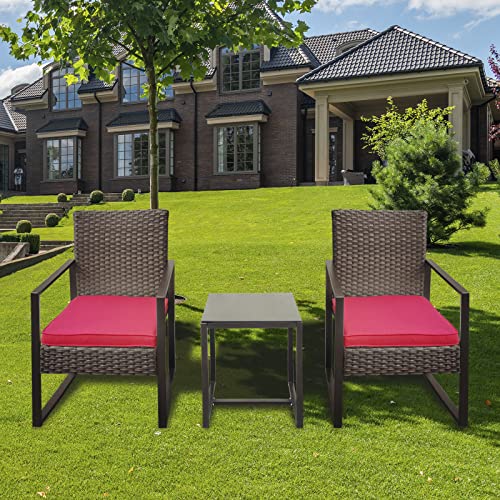 YIYAN 3 Pieces Outdoor Furniture Set Patio Rattan Wicker Chairs & teatable,Lawn Garden Balcony Backyard,with Washable Cushion (Red)