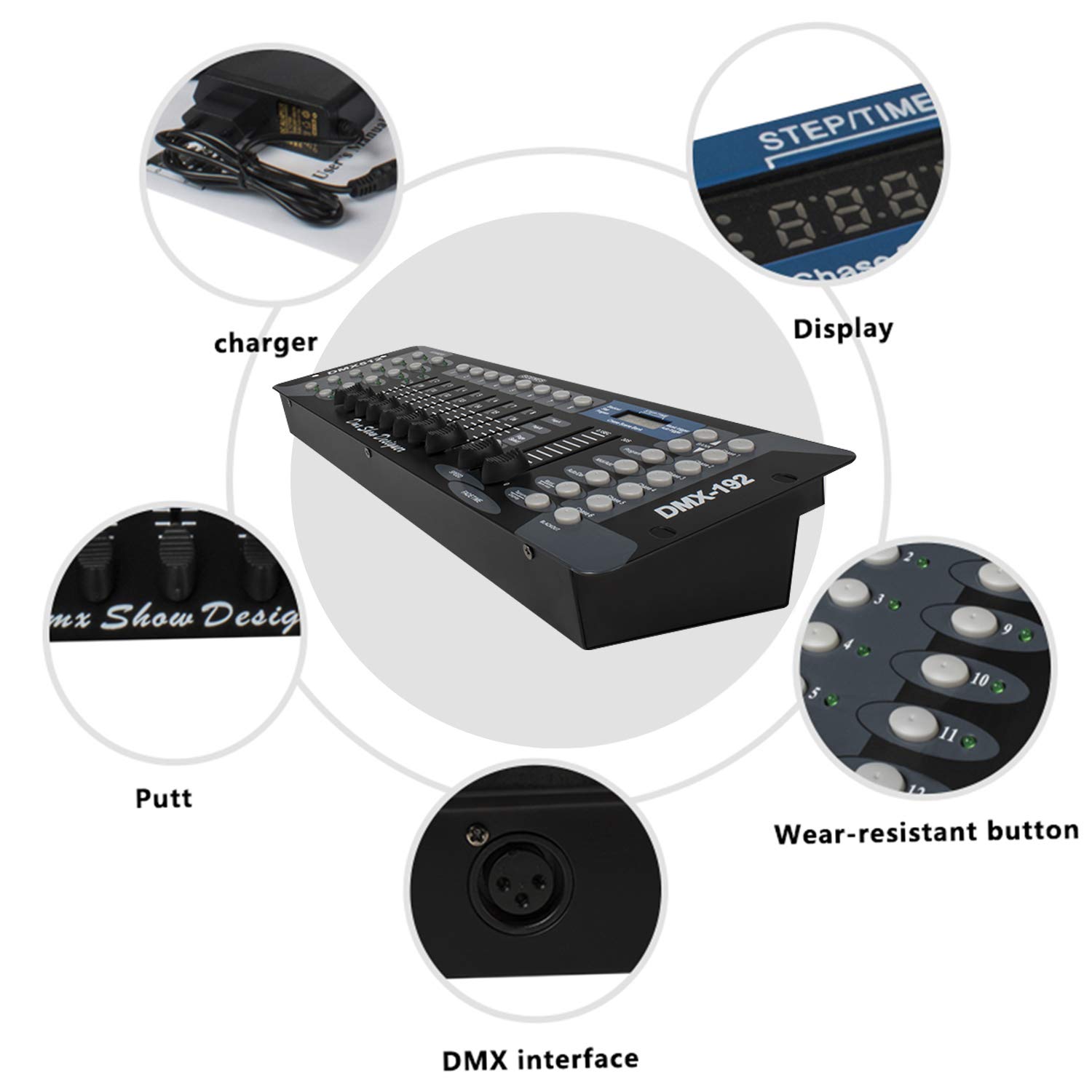 SHEHDS 192 DMX 512 Rectangular Electric Light Controller, LCD Display, 192 Groups, 16 Channels, 30 Banks, 8 Faders, 3-Pin Cable, 1 Year Replacement
