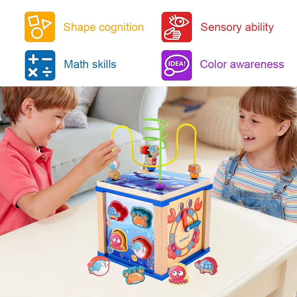 YidaSouko 5-in-1 Baby Activity Cube Bead Maze Activity Center for Learning Educational Developmental Toddlers 3 Years Old Montessori Toys Shape Sorter Play Cube