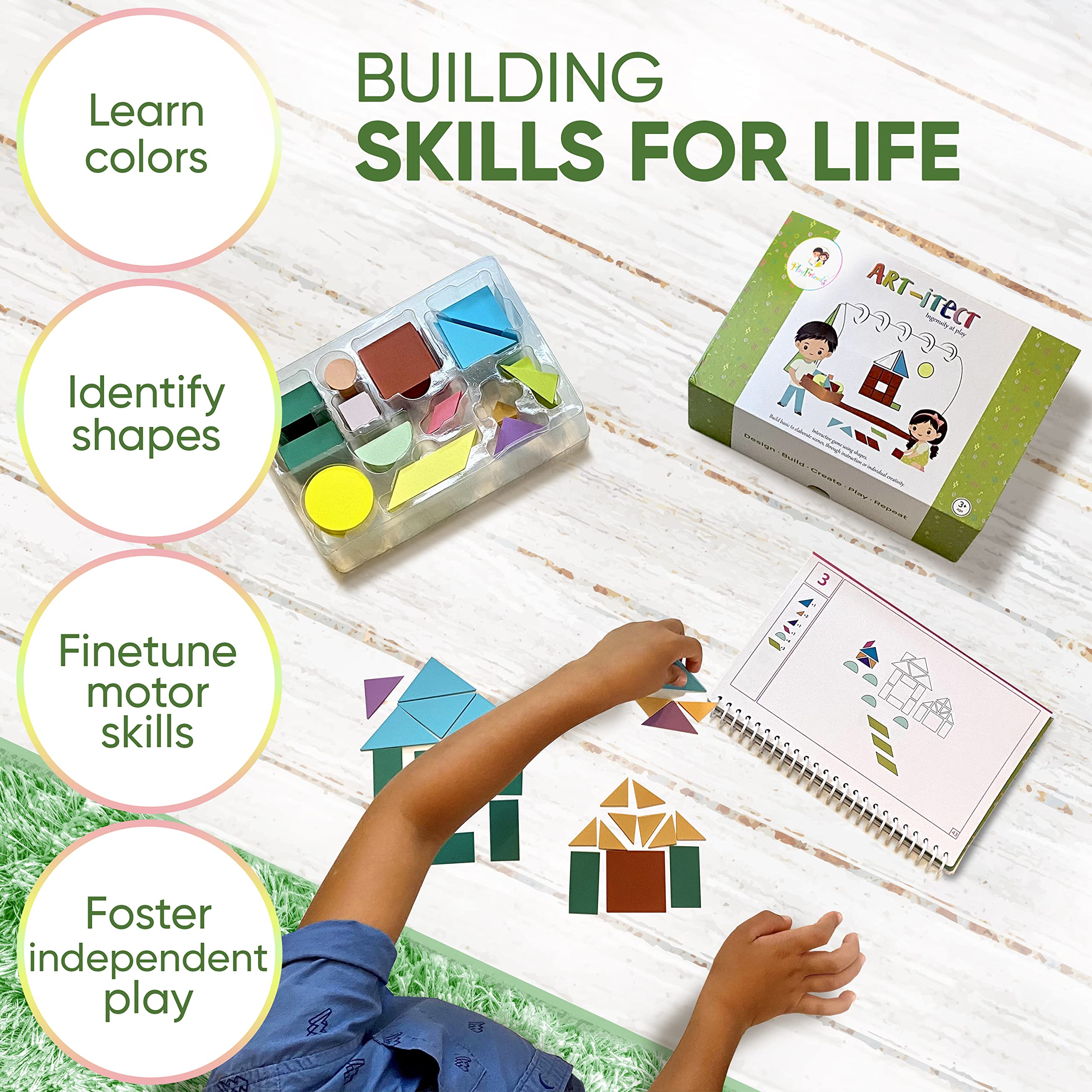 Wooden Pattern Blocks - Build Out Scenes Step by Step with Illustrated Guide Book or Using Imagination -Fun Montessori Toys for 3+ Year Old-Tangram Shapes Puzzle 160 Pieces - Learning & Education Toys
