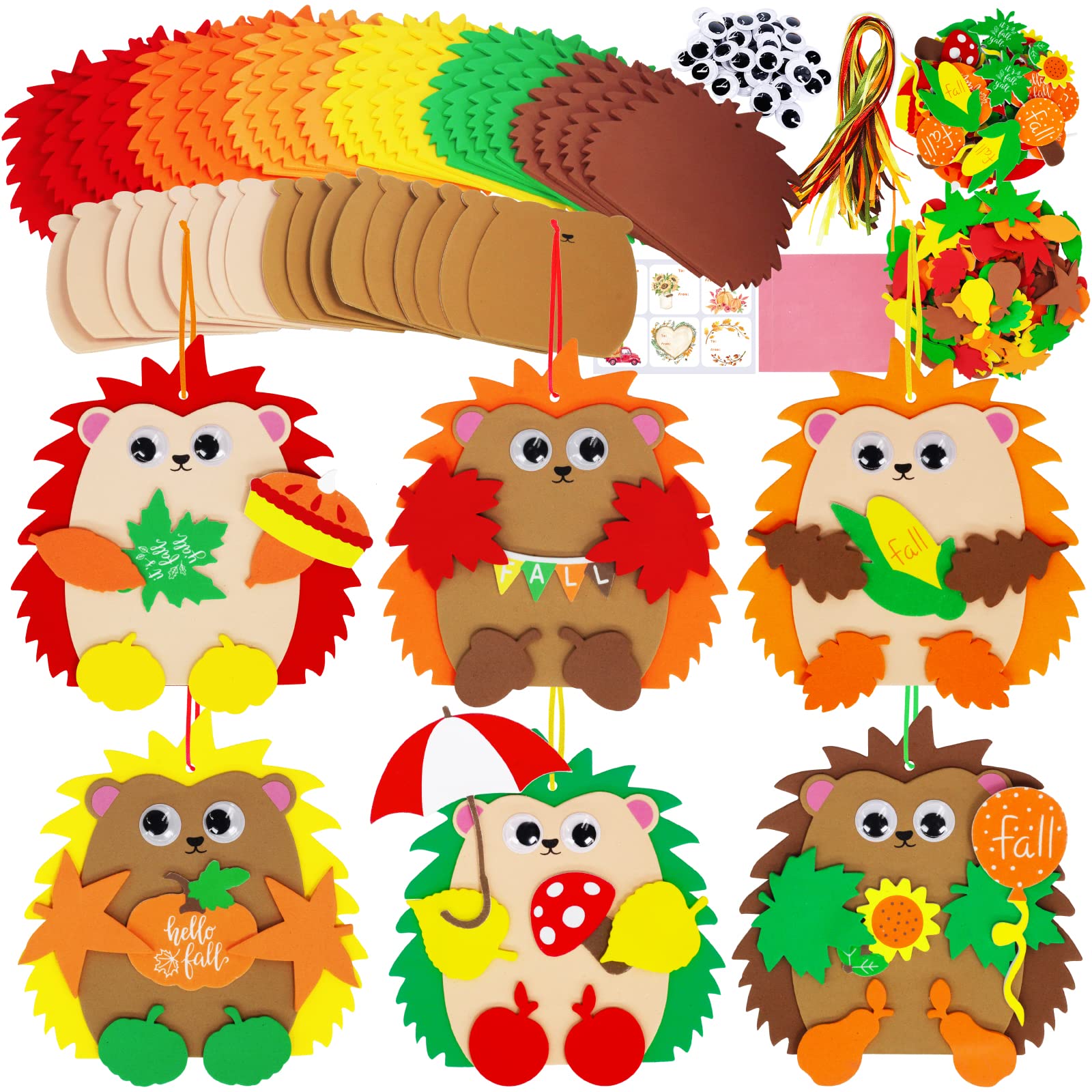 Winlyn 24 Sets Fall Crafts Kits DIY Fall Hedgehog Ornaments Decorations Art Sets Autumn Leaf Pumpkin Foam Stickers Arts and Crafts Googly Eyes for Kids Thanksgiving Halloween Home Classroom Activities
