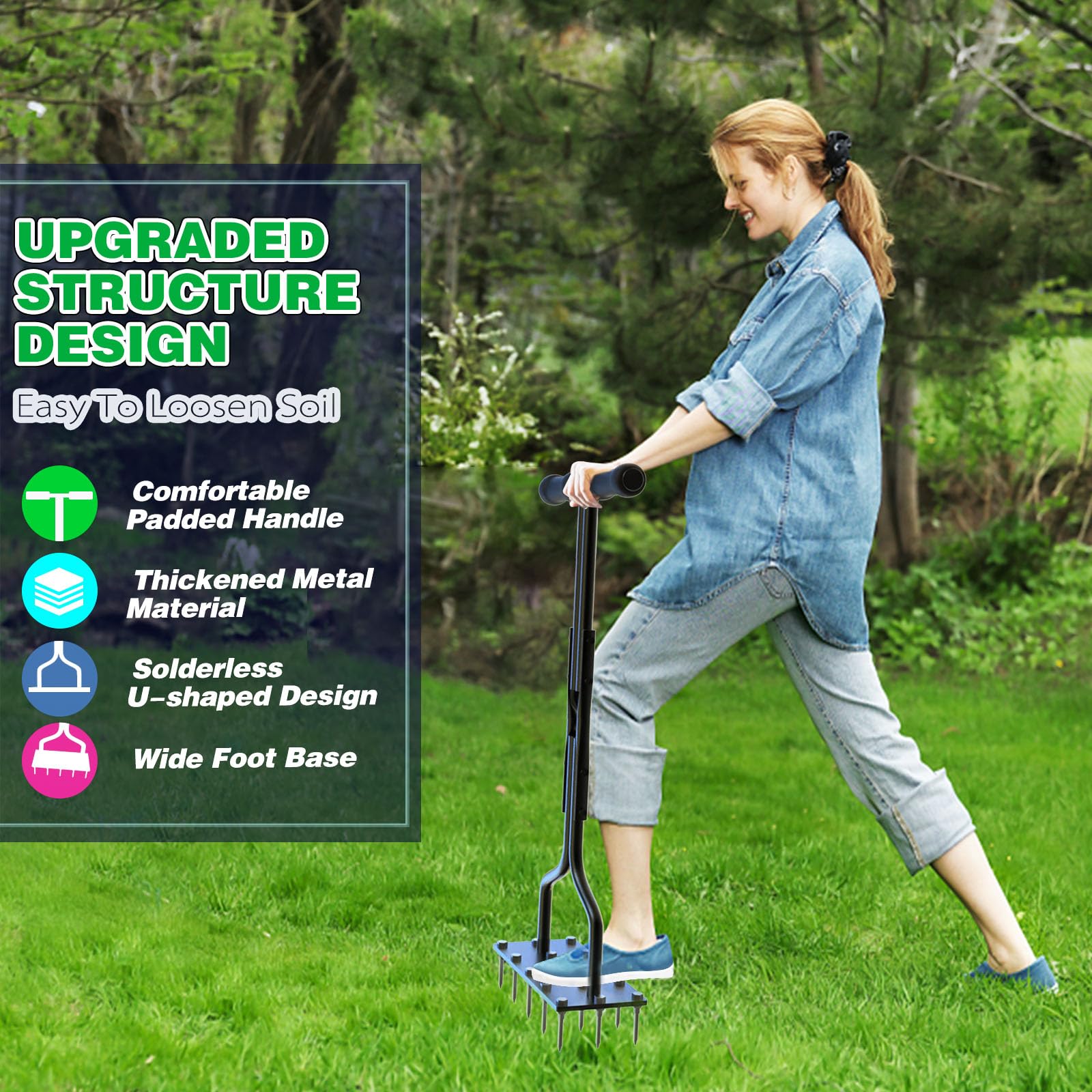 vanpein Lawn Aerator Spike Manual Tool with 15 Iron Spikes, Garden Grass Aeration Tools Hand Air Aerator & Clean Tool for Aerating Lawns & Yard Care, Loosening Soil, 36β