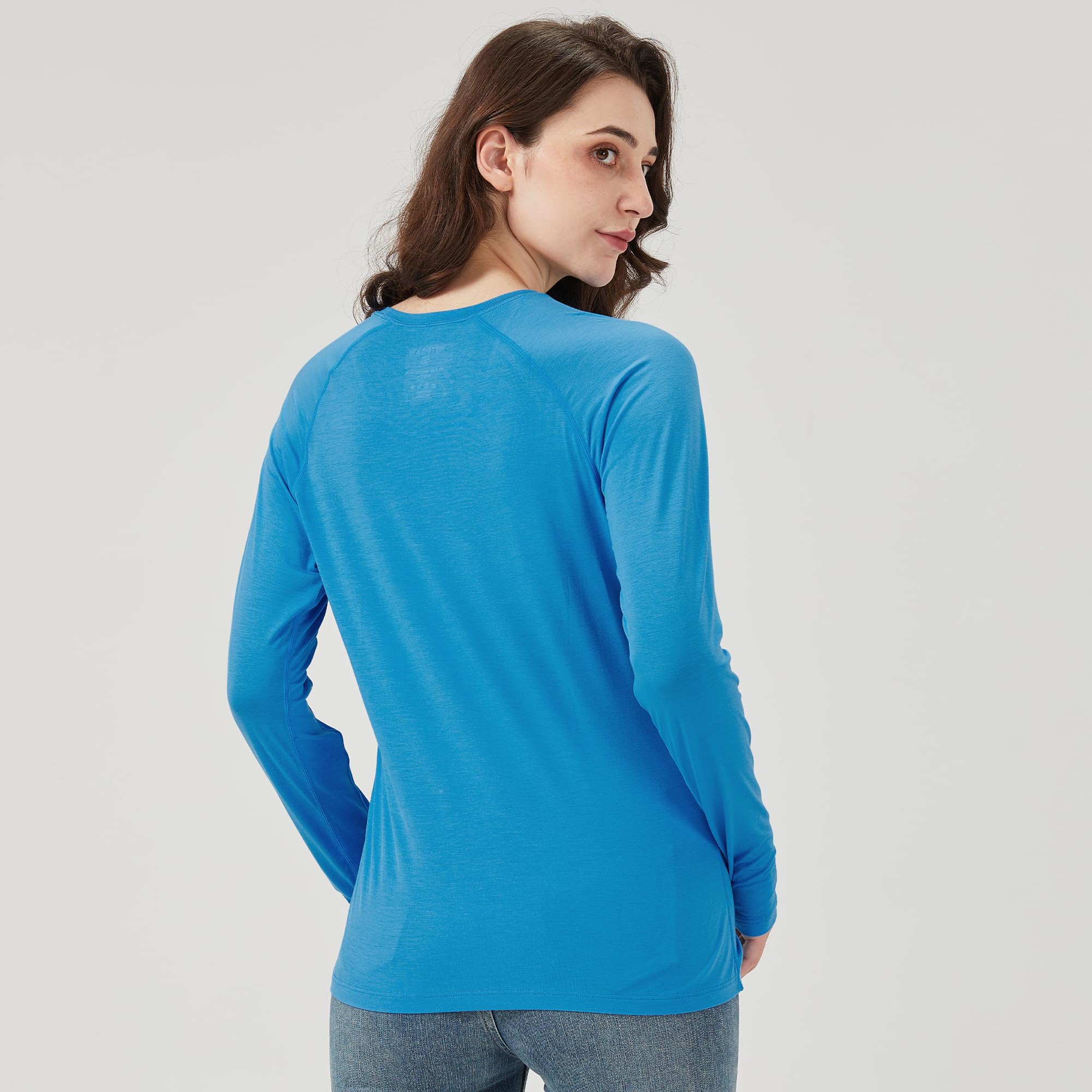 Women's Ultra Lightweight Bamboo Viscose Workout Shirt UPF 50+ Soft Outdoor Long Sleeve Hiking Tops with Thumbholes, Light Blue, X-Large