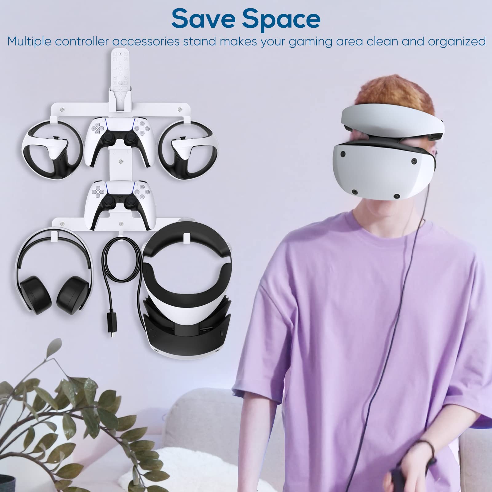 Wall Mount Stand for PS5 VR2 Gaming Accessories, Sturdy Steel Wall Mount Bracket for PS VR2 Headset, Controllers, Remote and Cable, Game Organizer with Controller Holder and Headset Stand for PSVR2