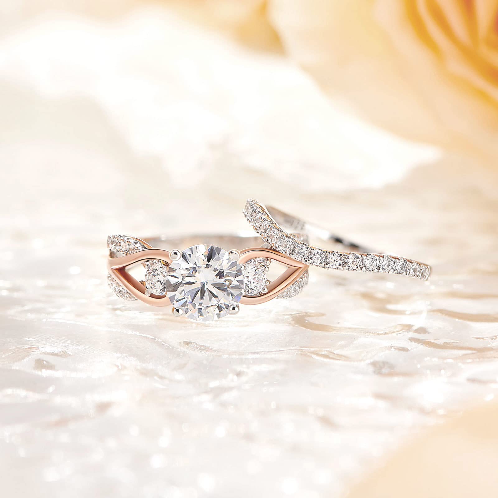 SHELOVES Rose Gold Three Stone Round Cut CZ Engagement Wedding Rings Set 925 Sterling Silver Sz 7