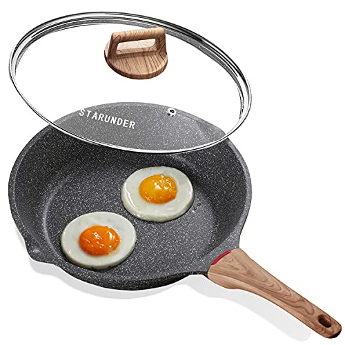 Starunder Induction Nonstick Skillet Frying Pan With Lid,Swiss Granite Omelette Pan, Scratch-Resistant Safe Cookware Set，PFOA Free(8 inch)