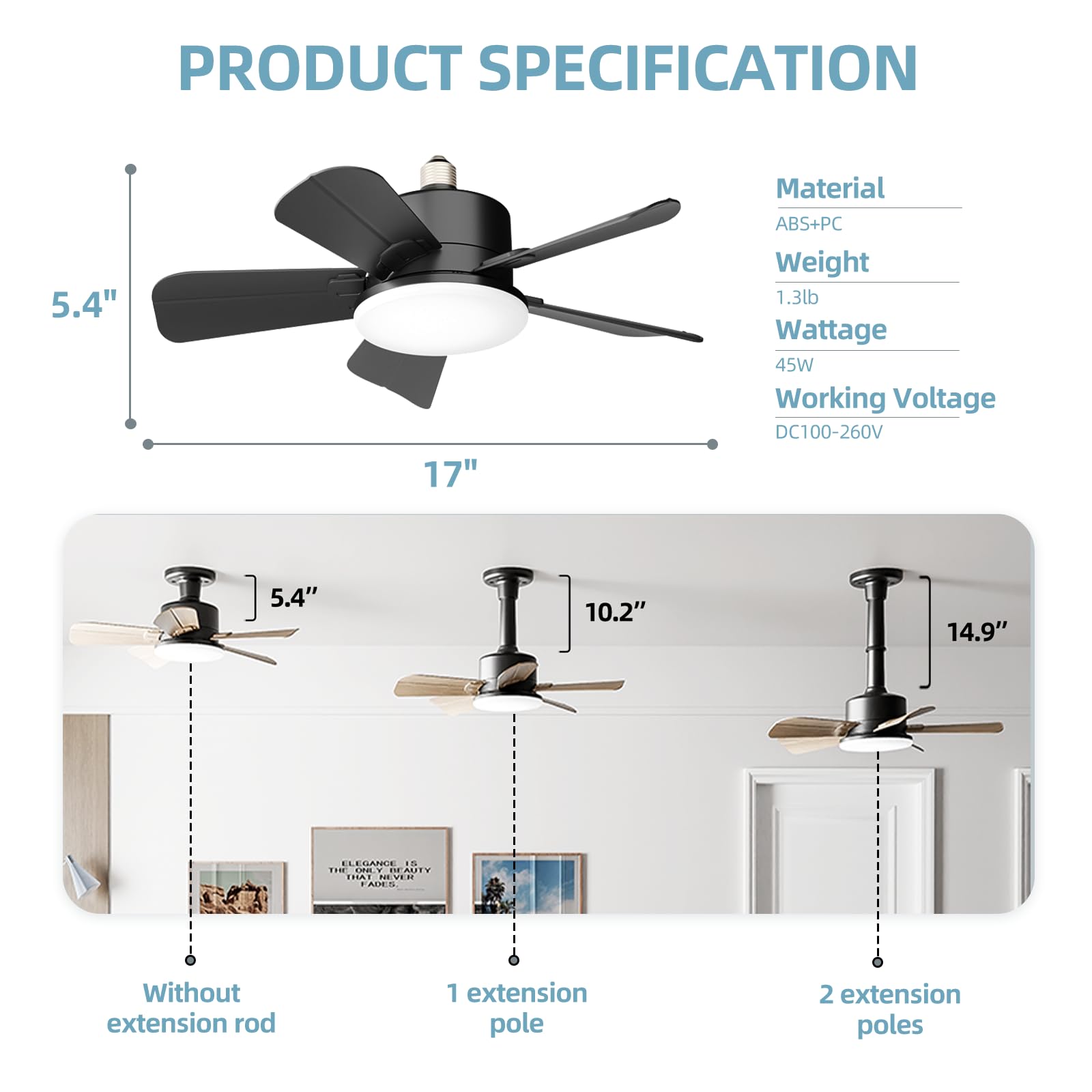 Minmup 17" Socket Fan Light with Remote and 2 Socket Extenders, Wireless Screw in Ceiling Fans with Dimmable Lights, Up to 1200LM/6500K Light Bulb Fan for Garage Tool Room (Green)