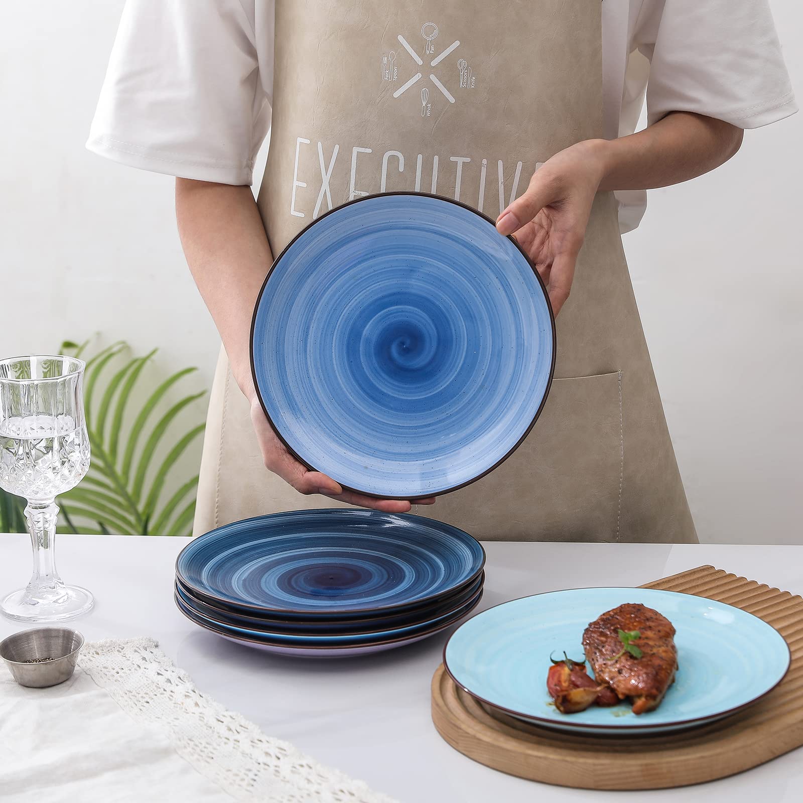 Selamica Ceramic 10 inch Dinner Plates, Large Pasta Dessert Salad Plates, Porcelain Serving Plate for Appetizer, Pancakes, Steak, Set of 6, Black Speckles, Gradient Blue