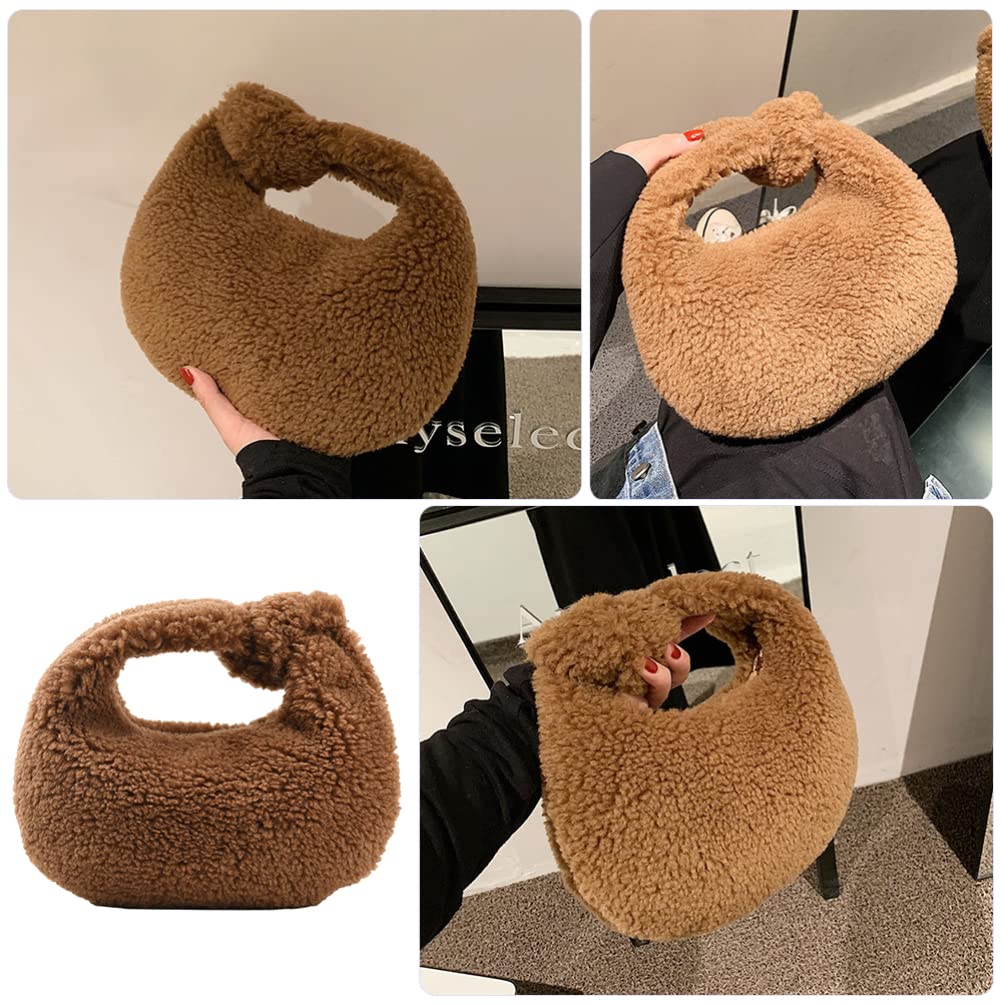 VALICLUD Women Dumpling Bag Plush Handbag Sheepskin Bag Plush Bag for Winter Storage Bag for Autumn and Winter Brown