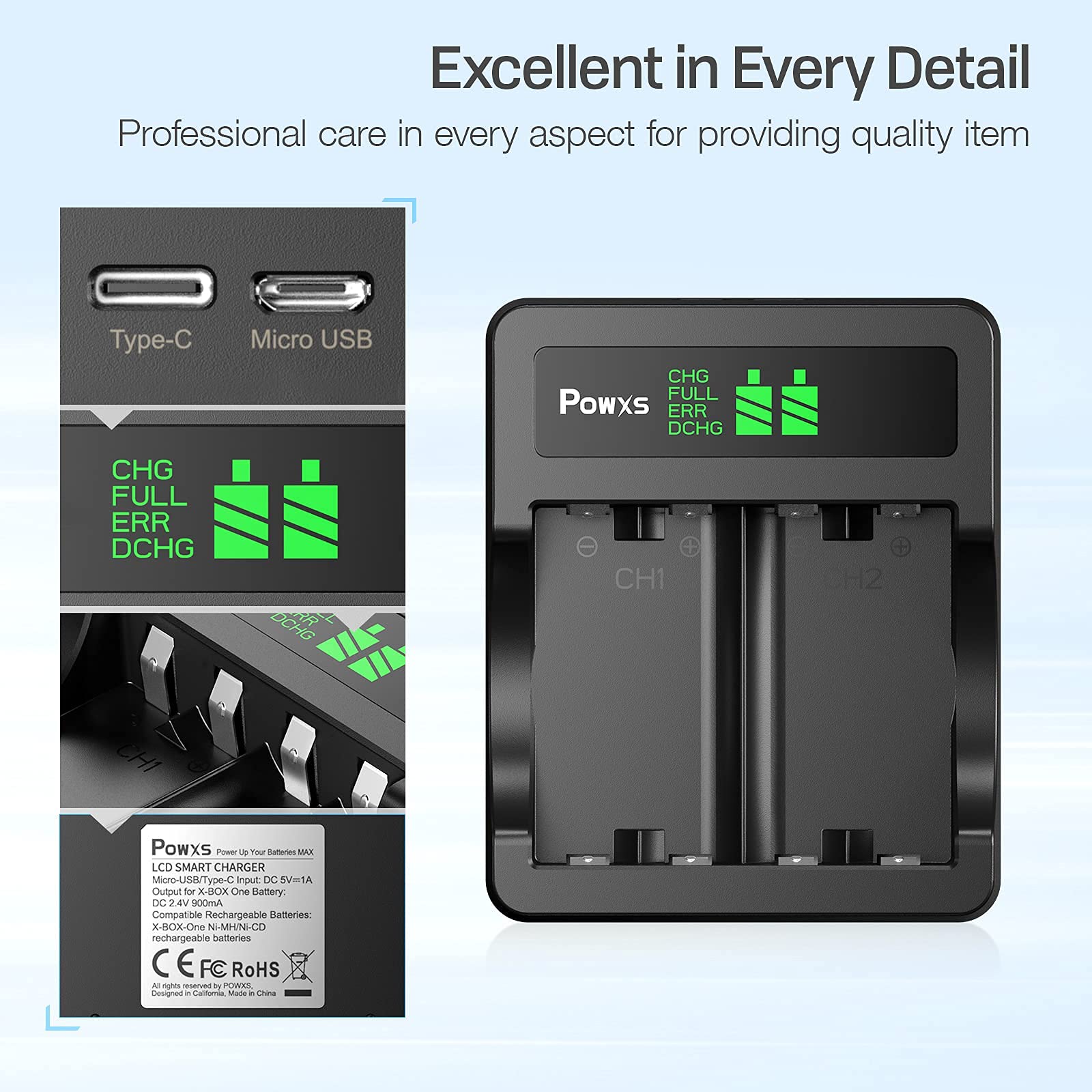 POWXS 2 Slot Xbox One Controller Battery Pack Charger Compatible with Xbox One/Xbox One S/Xbox One X/Xbox One Elite Controllers Battery Pack Quickly Charging and HD LCD Display