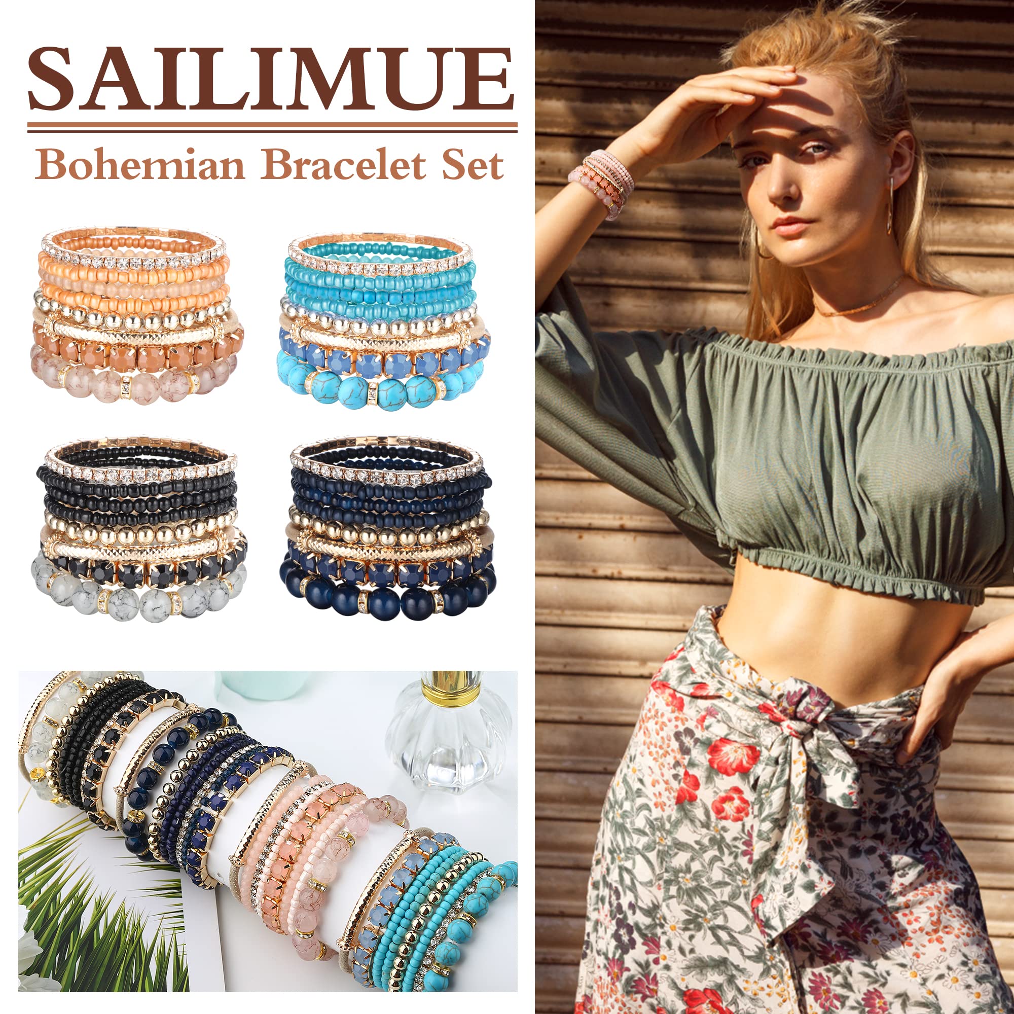 SAILIMUE 4 Sets Bohemian Stackable Bead Bracelets for Women Multilayered Stretch Beaded Bracelets Handmade Pendant Charm Boho Bracelets Pack