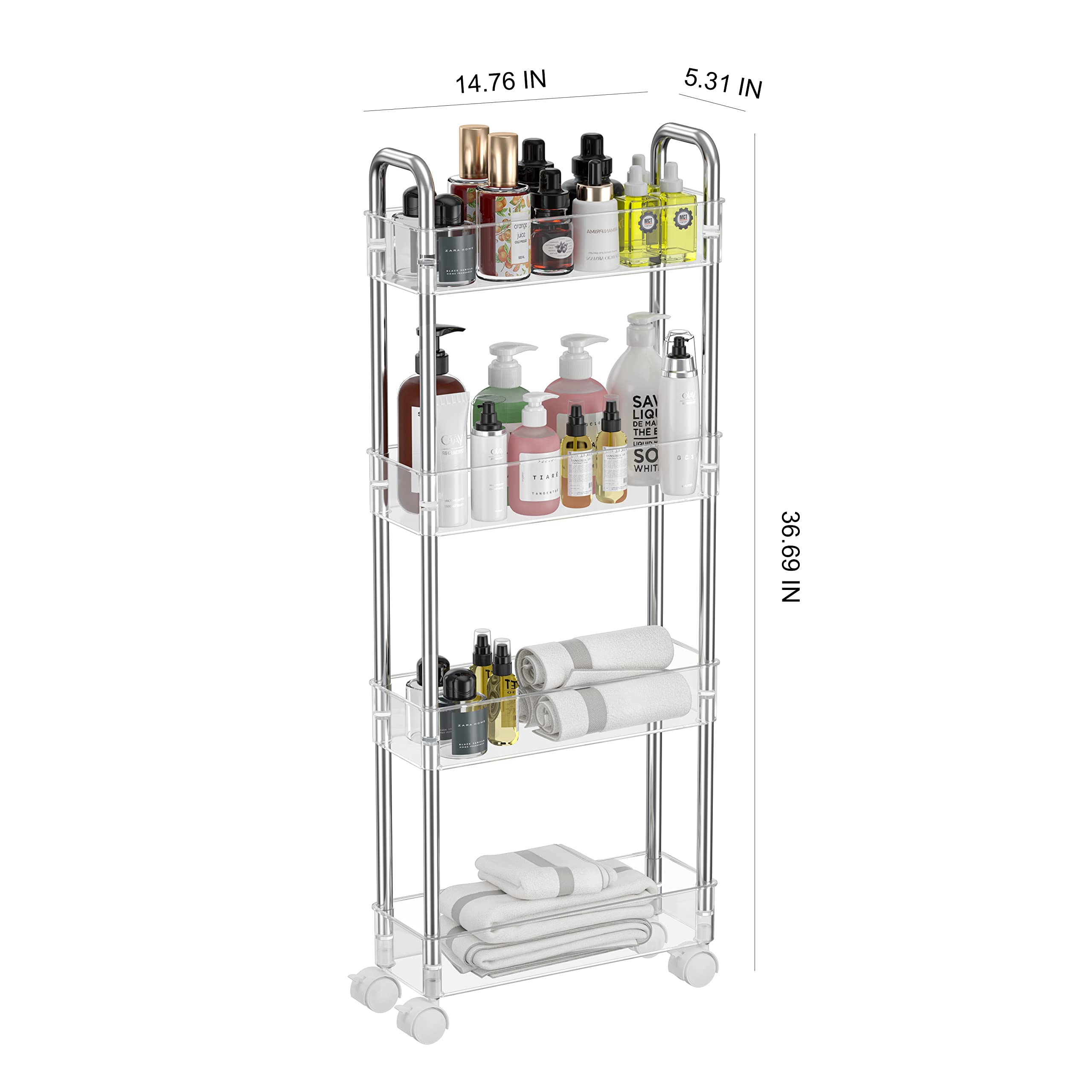 TESOIN Under Sink Organizers and Storage，4 Tier Clear Movable Slim Rolling Storage Cart Bathroom Organizer Under Cabinet Storage, Slide Out Narrow Shelf Organization for Kitchen Bathroom Warehouse