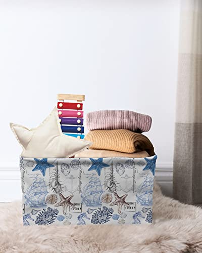 Storage Bins, Nautical Theme Marine Sail Boat Beach Starfish Shell Seashell Storage Baskets for Organizing Closet Shelves Clothes Decorative Fabric Baskets Large Storage Cubes with Handles