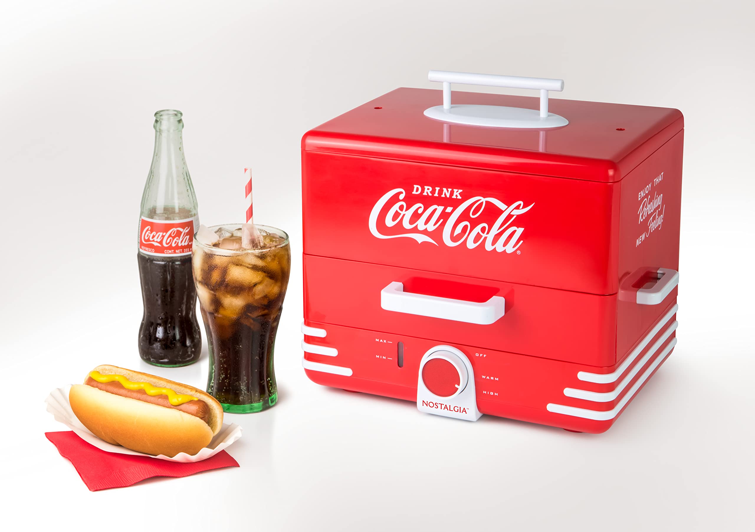Nostalgia Extra Large Diner-Style Coca-Cola Hot Dog Steamer and Bun Warmer (24 Hot Dog and 12 Bun Capacity) and Nostalgia Two-Speed Electric Coca-Cola Limited Edition Milkshake Maker and Drink Mixer
