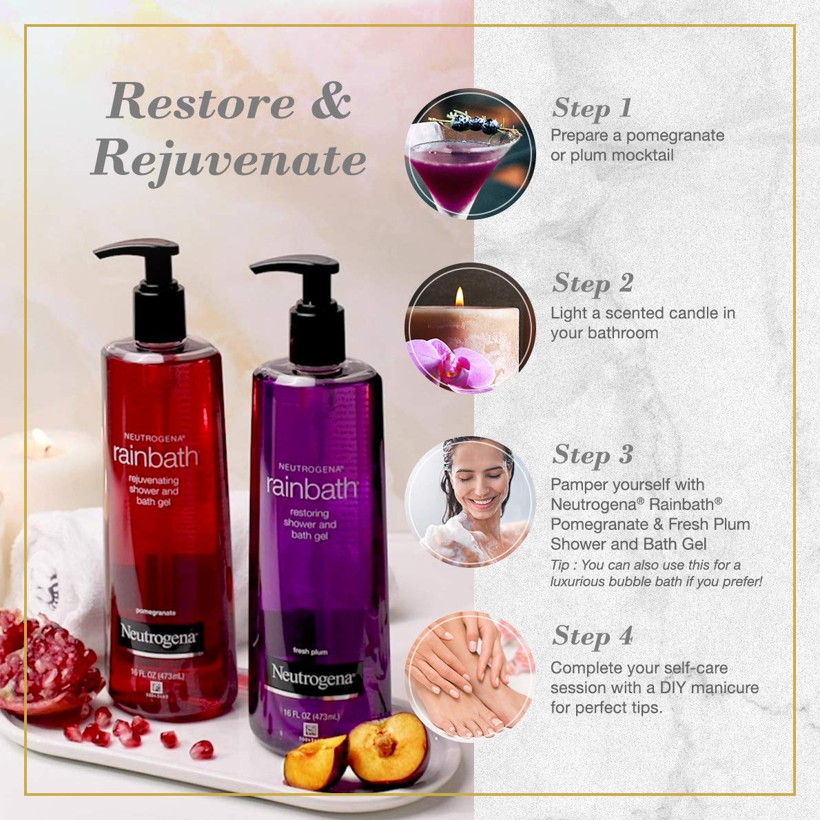 Neutrogena Rainbath Restoring Shower And Bath Gel Moisturizing Body Wash and Shaving Gel with Clean Rinsing Lather and Scent, Fresh Plum, floral, 16 Fl Oz