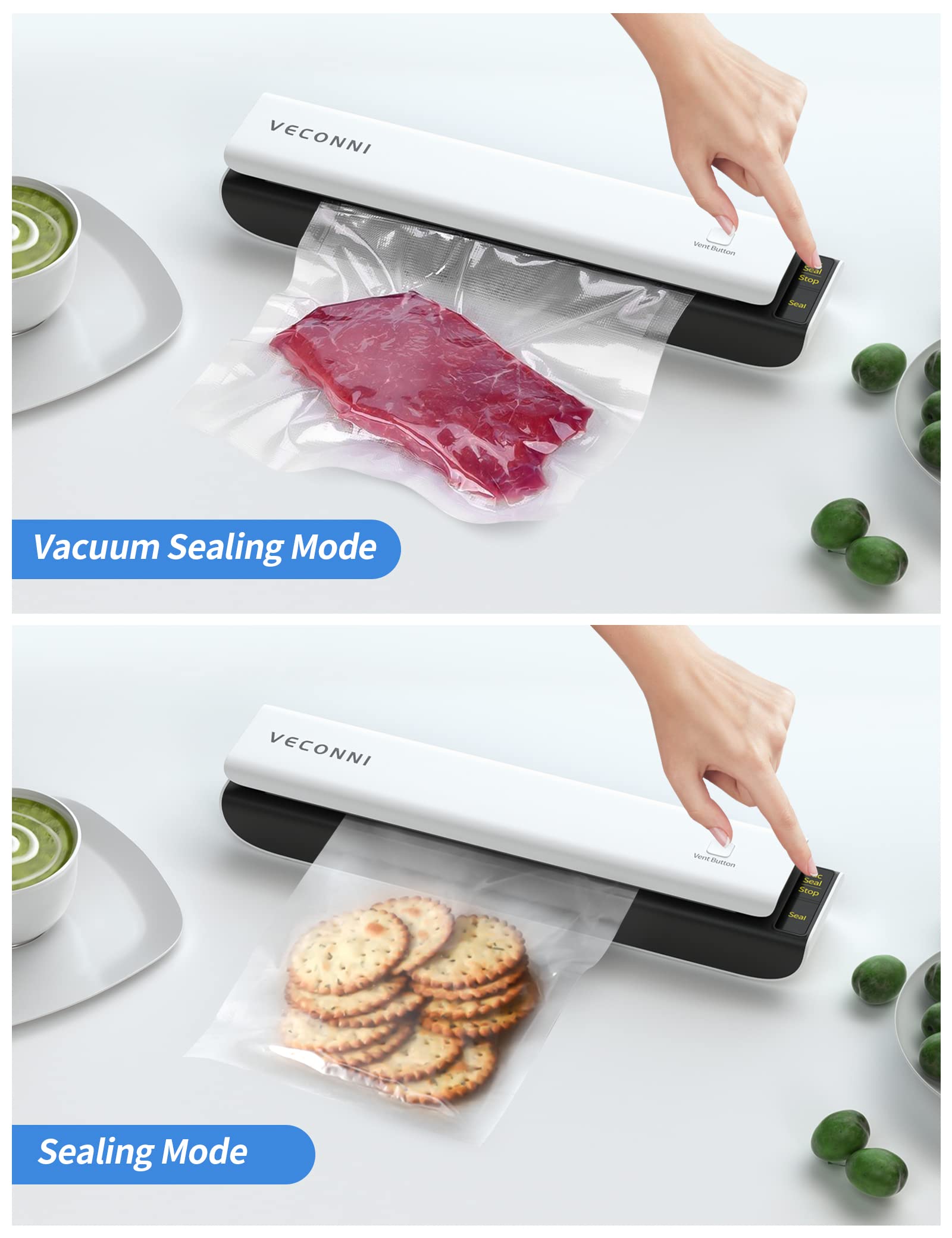 VECONNI Vacuum Sealer Machine, Automatic Vacuum Sealers for Food Storage, 12s Fast & Continuous Sealing, Smart Heating Strip & Pump, 10 Bags Included, 15.5x3.2x2.4 inches, VS20