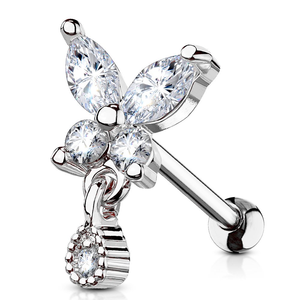 MoBody Clear CZ Jeweled Butterfly Tragus Earring Surgical Steel Dangle Cartilage Helix Piercing Stud 16G (Silver-Tone)