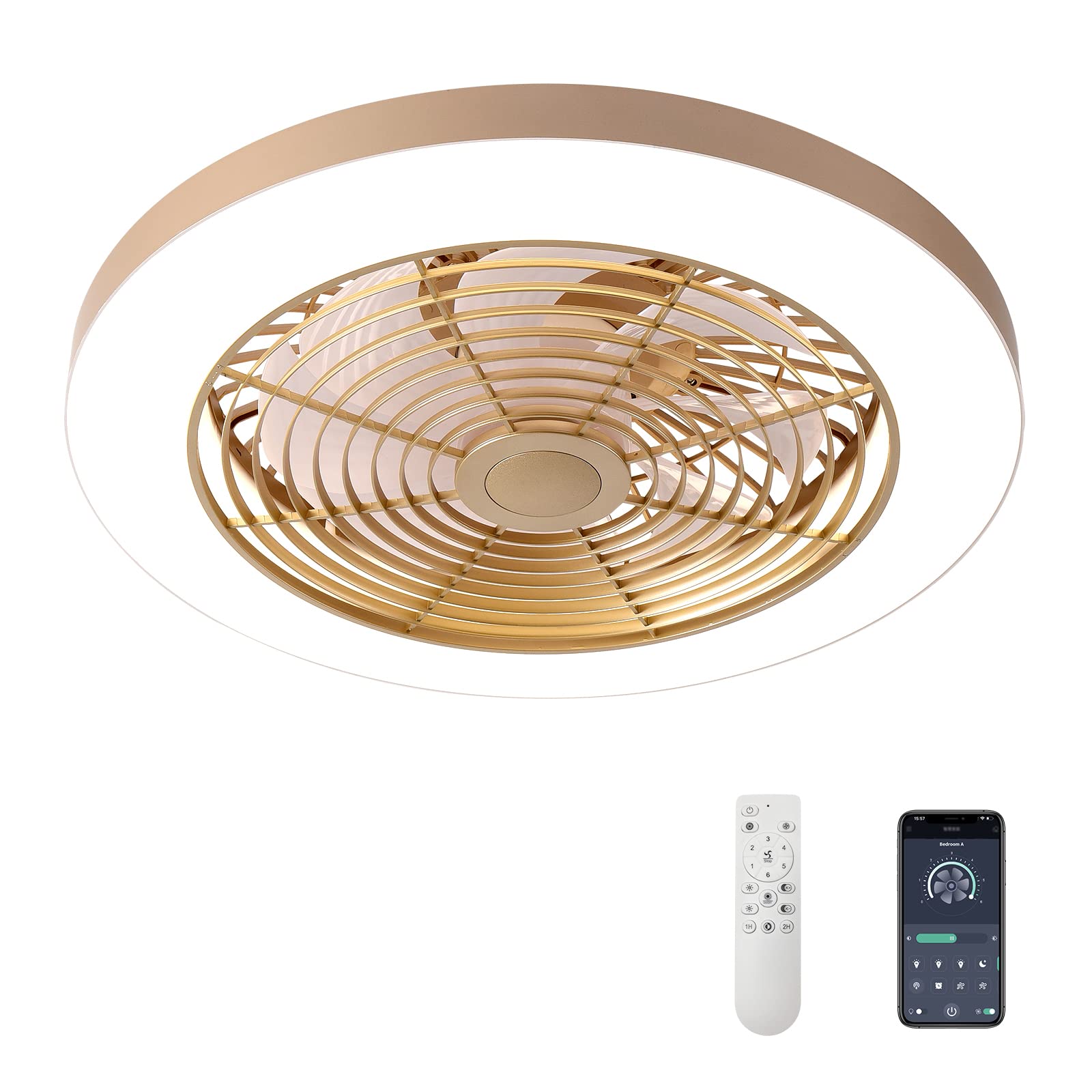 Orison Low Profile - 19.7" Smart Bladeless ceiling fans with Light and Remote,3 Colors Dimmable LED 6 Speeds 8 Blades Enclose for Adult Kids Living Room Bedroom