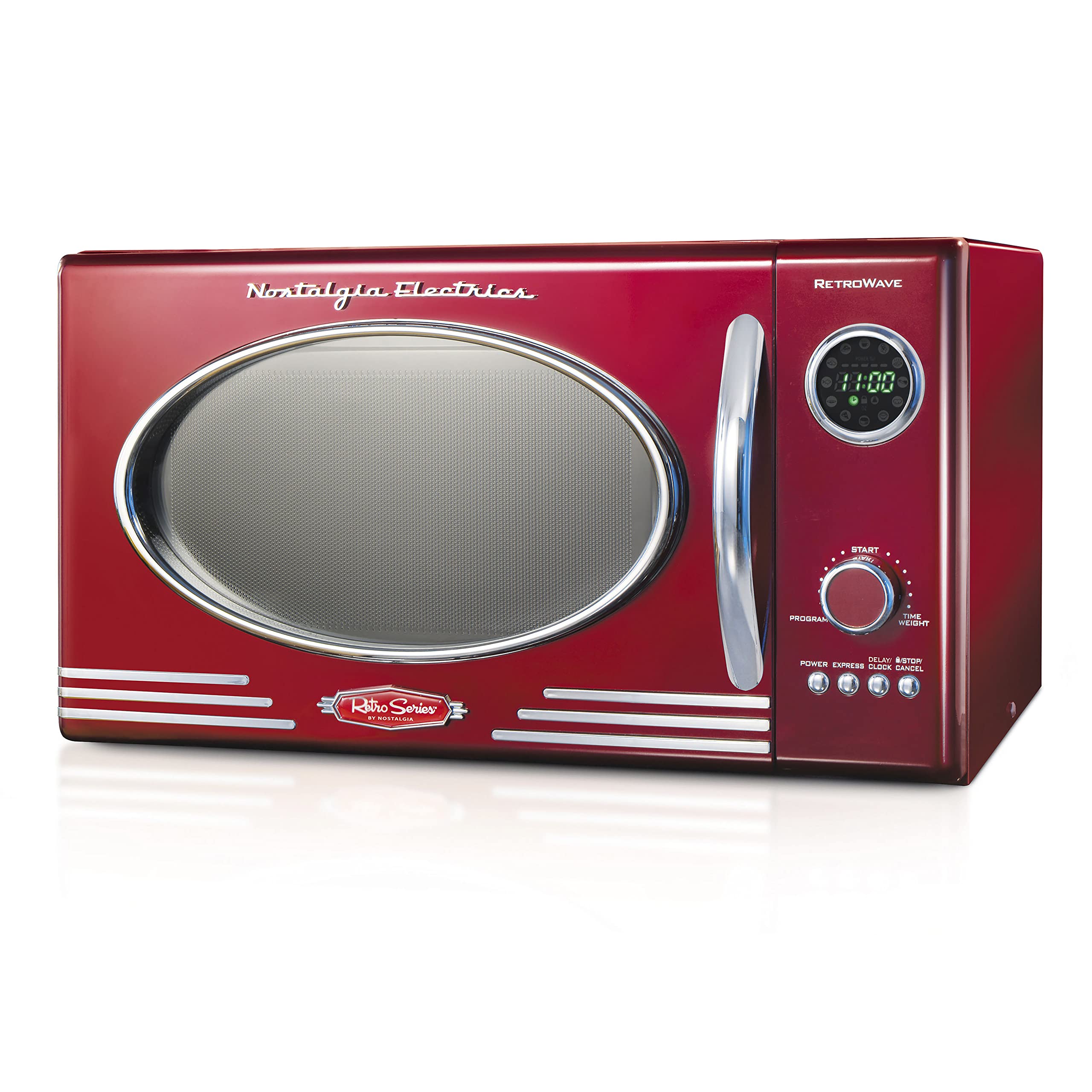 Nostalgia Retro Countertop Microwave Oven, 0.9 Cu. Ft. 800-Watts with LED Digital Display, Child Lock, Easy Clean Interior, Red & RTOV2RR Multi-Functioning Retro Convection Toaster Oven,Metallic Red