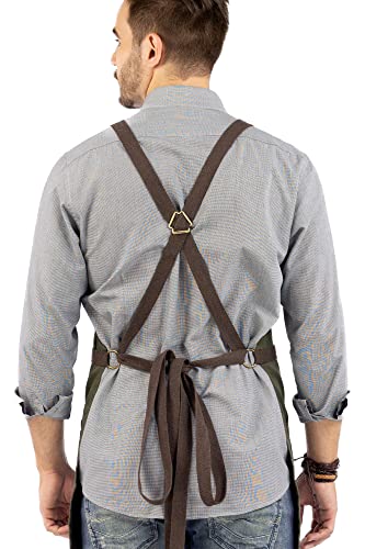 Under NY Sky Essential Army Green Apron β Cross-Back with Durable Twill and Leather Reinforcement β Adjustable for Men and Women β Pro Chef, Tattoo Artist, Baker, Barista, Bartender, Server Aprons
