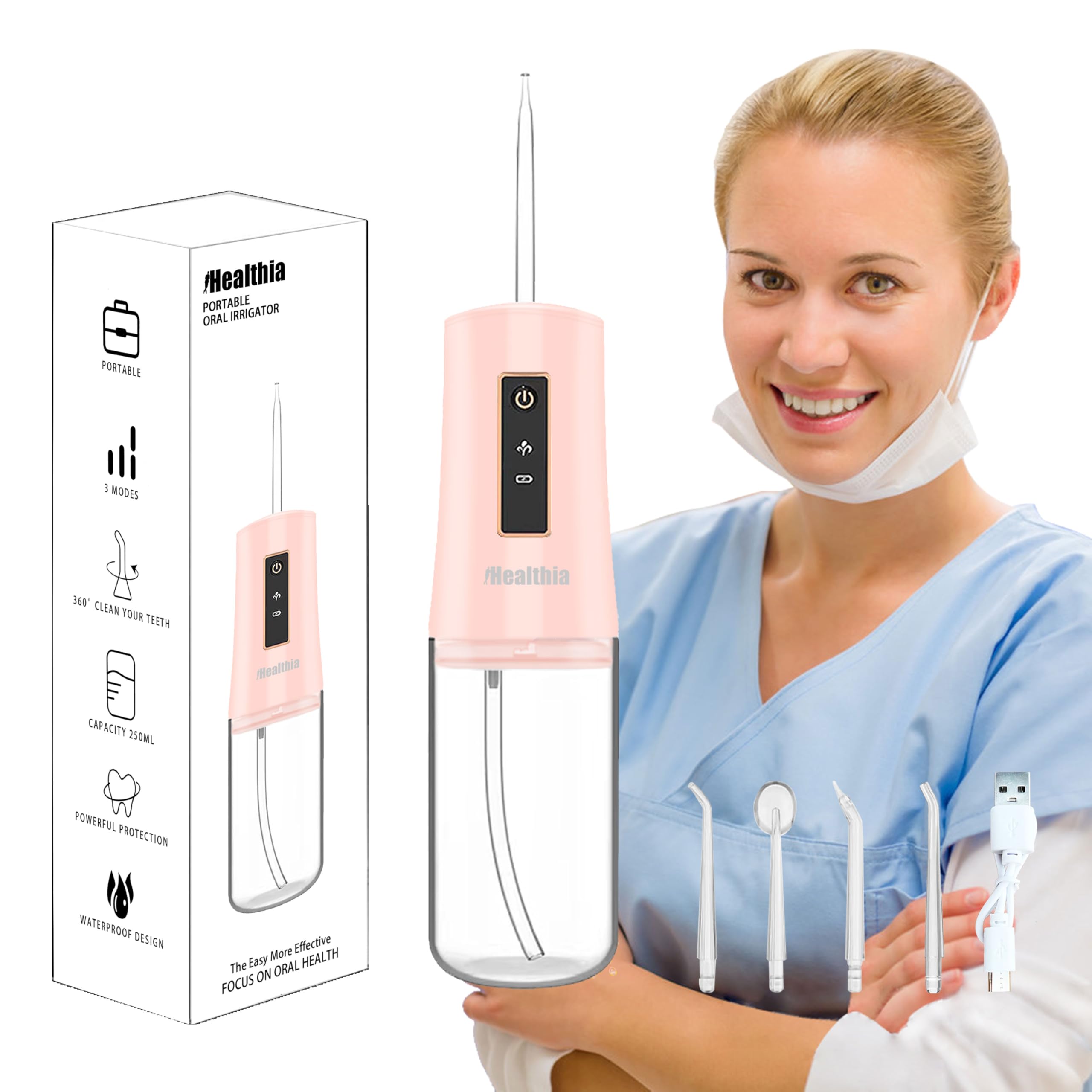 Water Flosser Teeth Oral Irrigator,Rechargeable Waterproof,Portable Cordless,Water flossers, 3 Modes 4 Nozzles, for Home&Travel(Light Red)