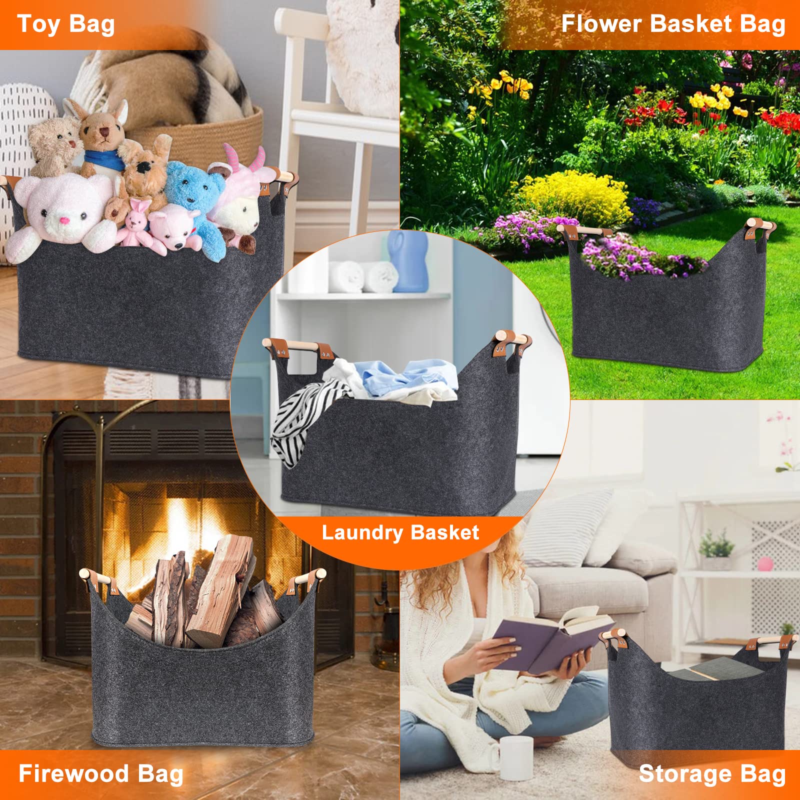 Sindax Storage Basket Felt, Foldable Storage Bin with Wood Handles, Storage Box for Office Bedroom Nursery Laundry Books Clothes Toys Organizing - 15.7" x 9.8" x 11" Grey