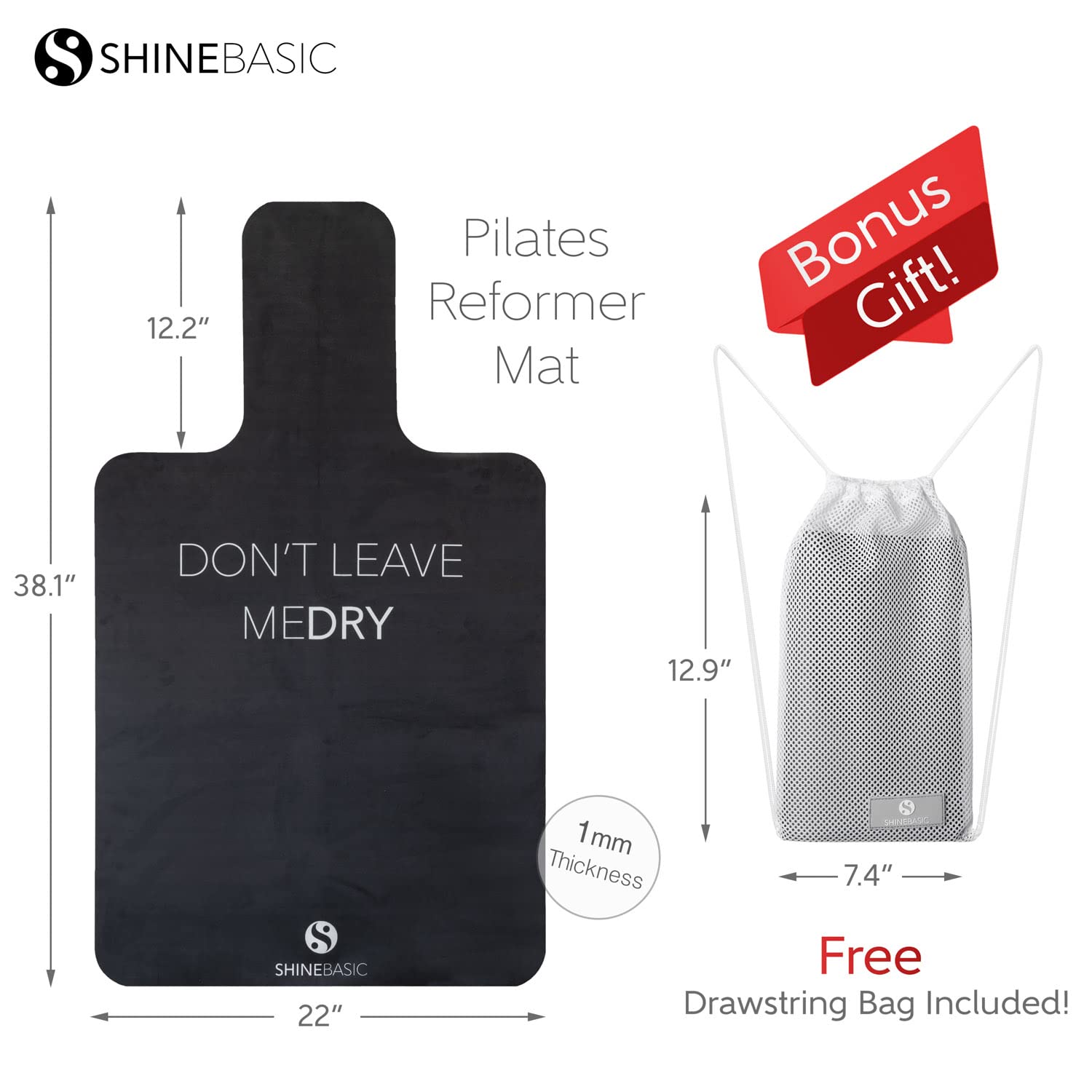 Shine Basic Pilates Reformer Mat - Extra Thin Material, Sweat Absorbing and Anti-Slip for Body Balance - Workout Cover Towels, Gym Studio Accessories, Professional Mats Equipment β 38.1"x22", Black