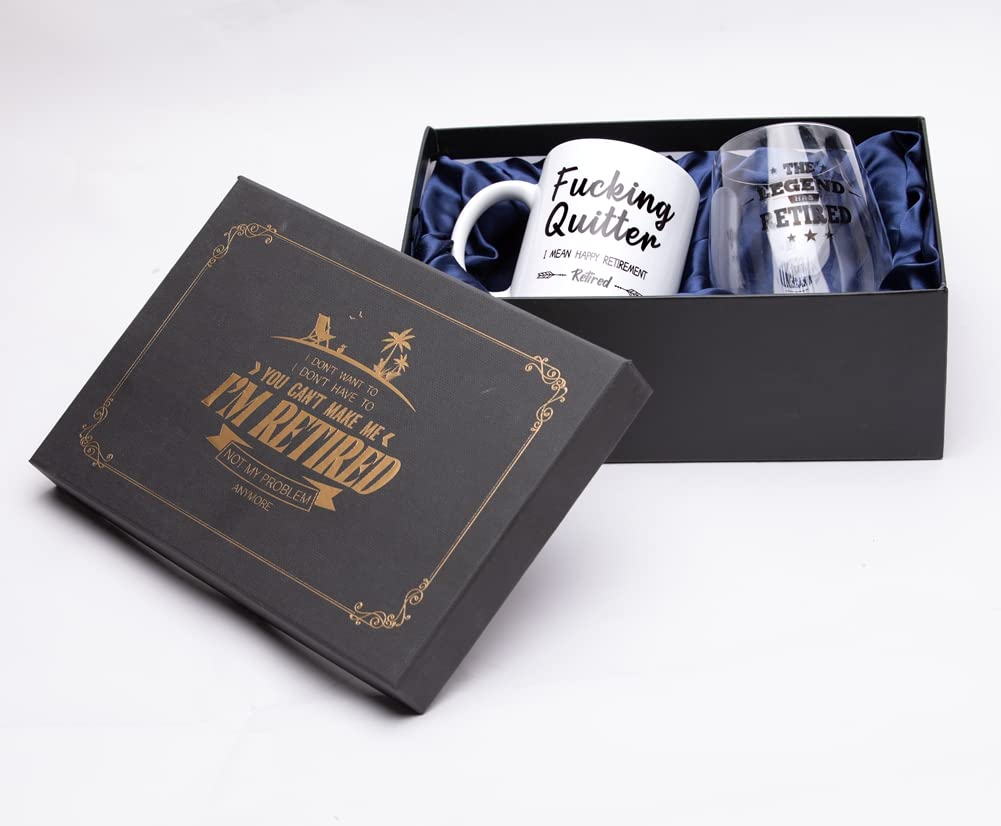 PUGED Unique Retirement Gift for Men Gifted Package Set 11 oz Coffee Mug and 18 oz Stemless Wine Glass Funny Male Retired Idea Goodbye Gift for Coworkers Office, Grandpa, Dad and Husband