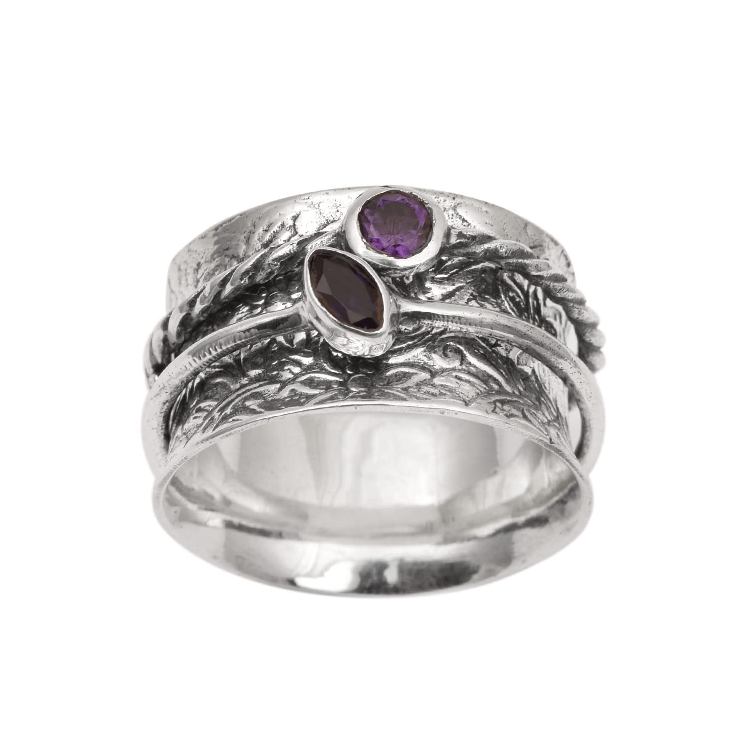 Shine Jewel Spinner Ring with Gemstones 925 Sterling Silver Fidget Band Meditation Ring for Men Women Anxiety Stress Relieving (Purple Amethyst, 9)