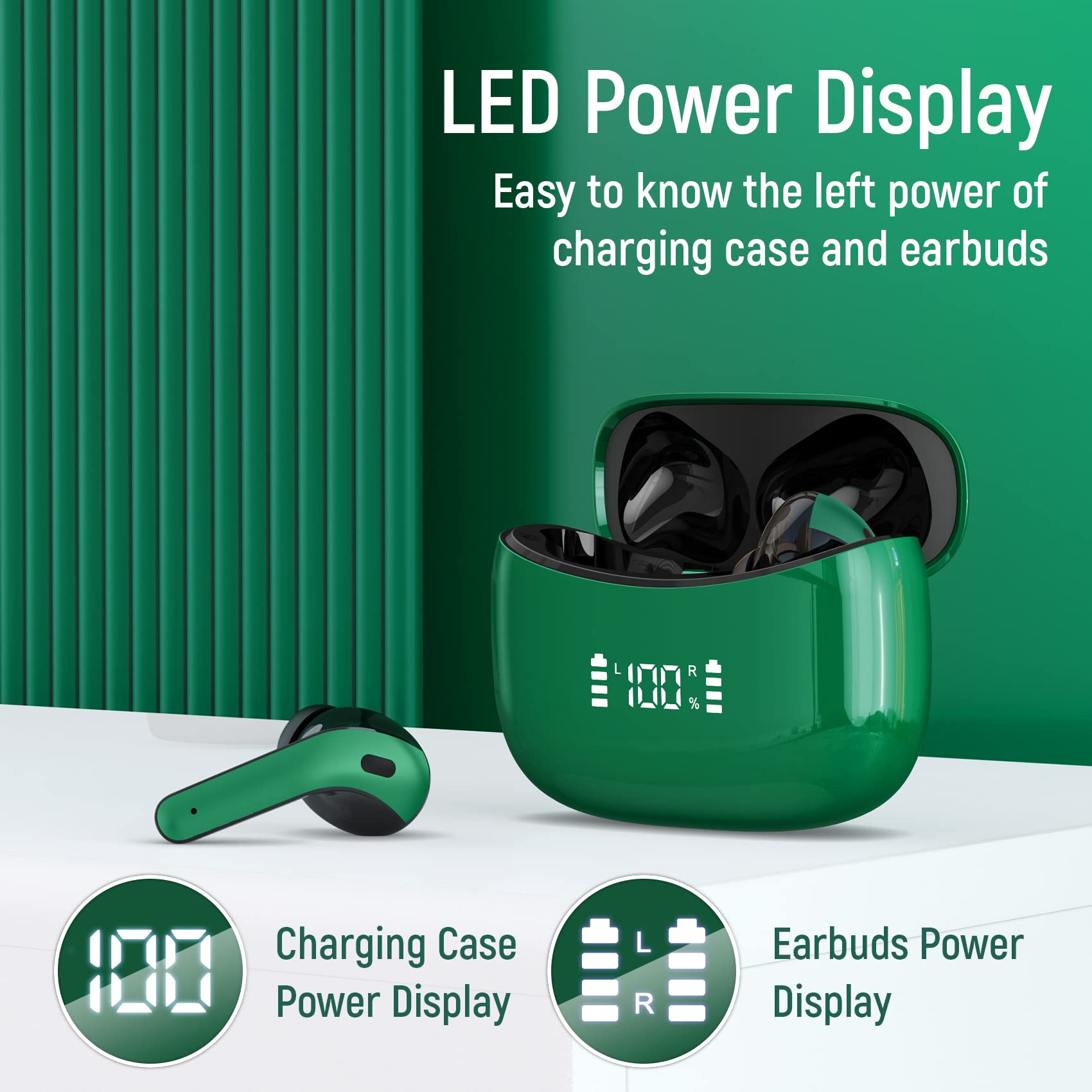 Wireless Earbuds 50H Playback Bluetooth Headphones with Wireless Charging Case Waterproof Ear Buds in-Ear Earphones with Microphone for Android Gaming Computer Laptop TV Sport ZINGBIRD-VEAT00L Green