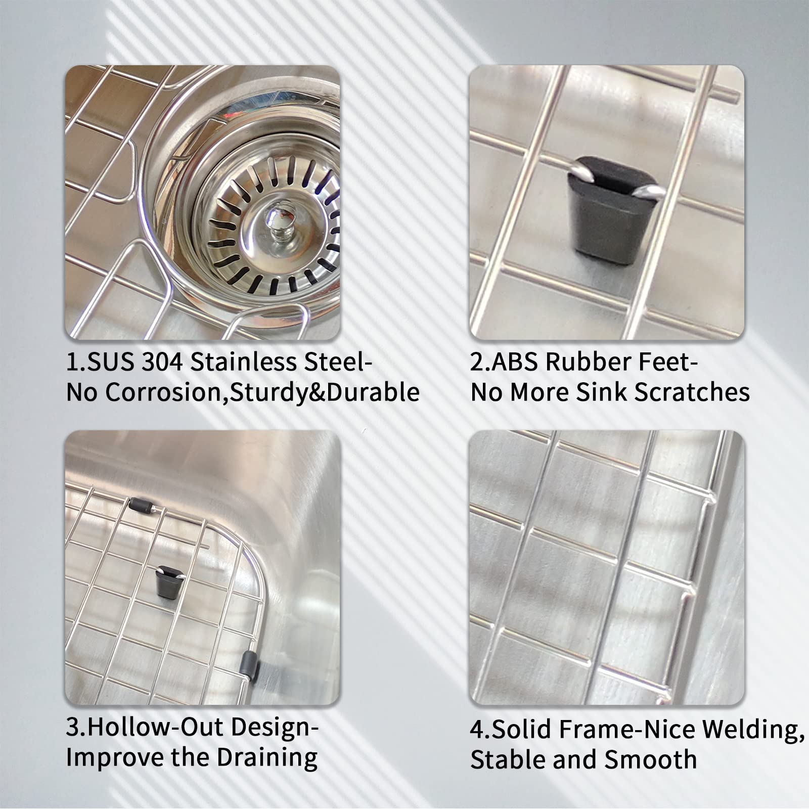 YORZSDI 304 Stainless Steel Sink Protectors for Kitchen Sink, 11-3/4" x 13-7/8" Sink Grid with Center Drain, Sink Rack for Bottom of Sink, Kitchen Sink Grid 2 pcs
