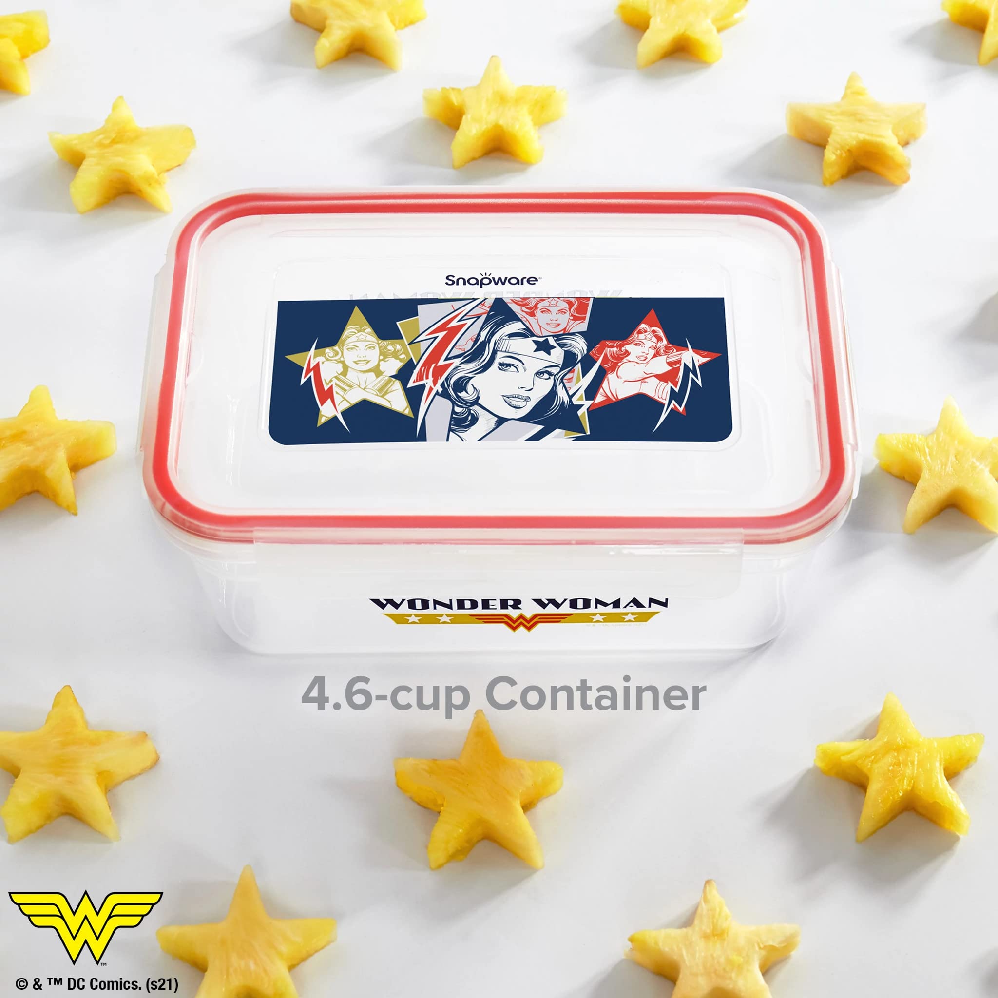 Snapware 8-Pc Plastic Food Storage Containers Set, 4.6-Cup & 3-Cup Meal Prep with Lid, BPA-Free 4 Tab Locking Lids, Dishwasher, Microwave, and Freezer Safe, Wonder Woman