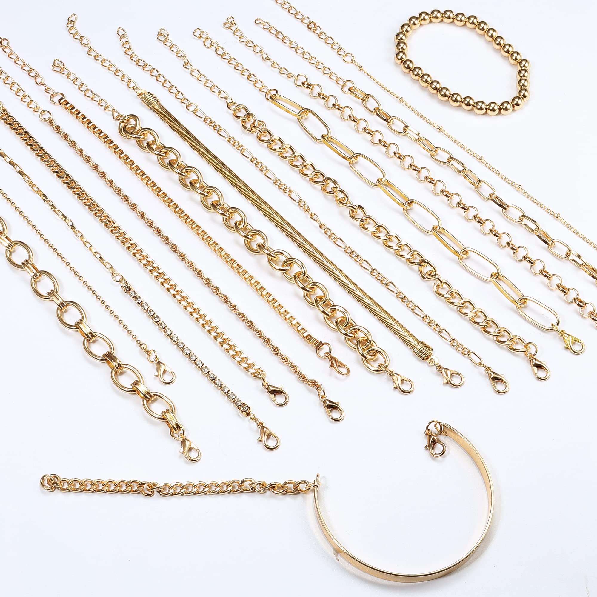 Sanfenly 16Pcs Gold Silver Chain Bracelet Set for Women 14K Gold Plated Dainty Link Beaded Cuban Chunky Cable Chain Bracelets Adjustable Layered Stackable Jewelry Bracelets