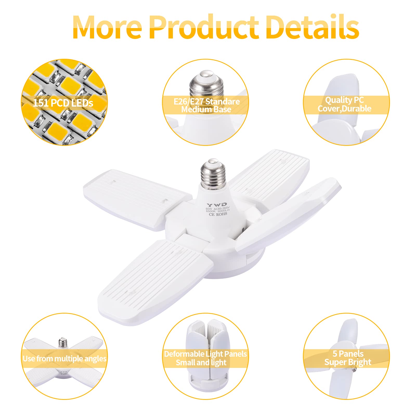 YWD LED Garage Light 2 Pack, 60W Deformable Garage LED Lights Ceiling LED Shop Light 6000LM 6500K LED Lights for Garage - E26/E27 Screw Socket, Bright Garage Lighting for Warehouse Basement Workshop…