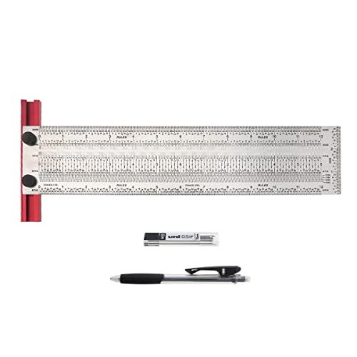 Smgda 12 Inch T-Rule, Precision Marking T Rule, Woodworking T Square Ruler, Stainless Steel Hole Positioning Scribing Tool, Carpenter Measuring T-Square, with Pencil & 0.5mm Pencil Refill