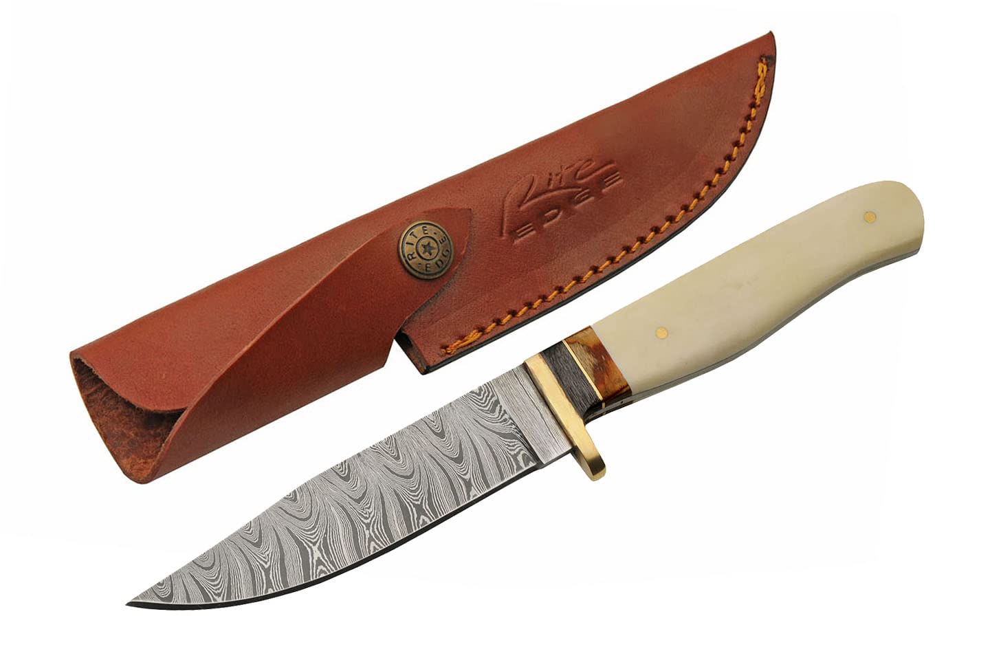 SZCO Supplies 9â Bone Handle Full tang Damascus Steel Outdoor Hunting Knife With Sheath,White