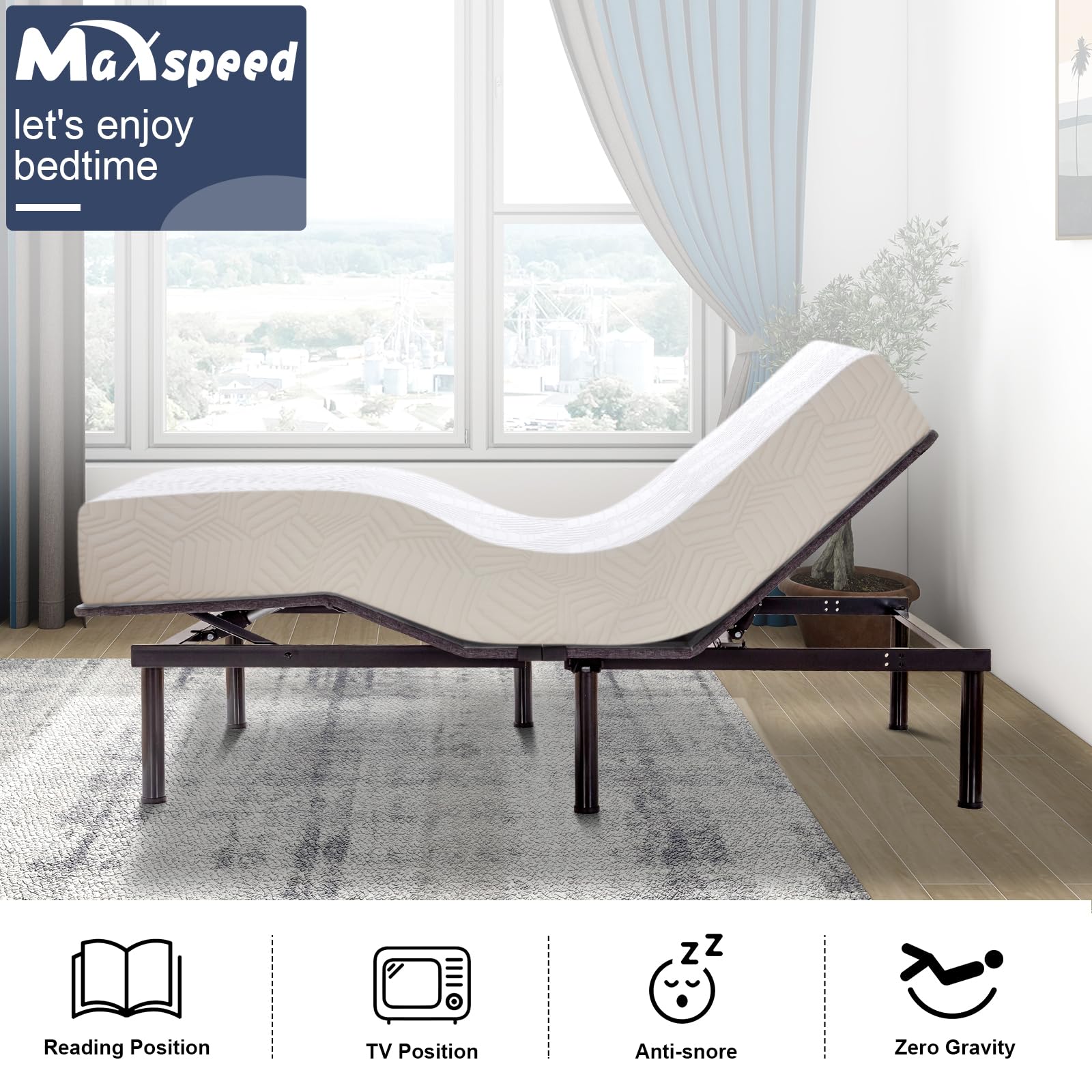 Maxspeed Adjustable Bed Frame Queen+10 Inch Queen Memory Foam Mattress,Cool Gel Mattress Bed in a Box,Wireless Remote with Backlight,Ergonomic Head & Foot Incline,Zero-Gravity,Easy Assembly