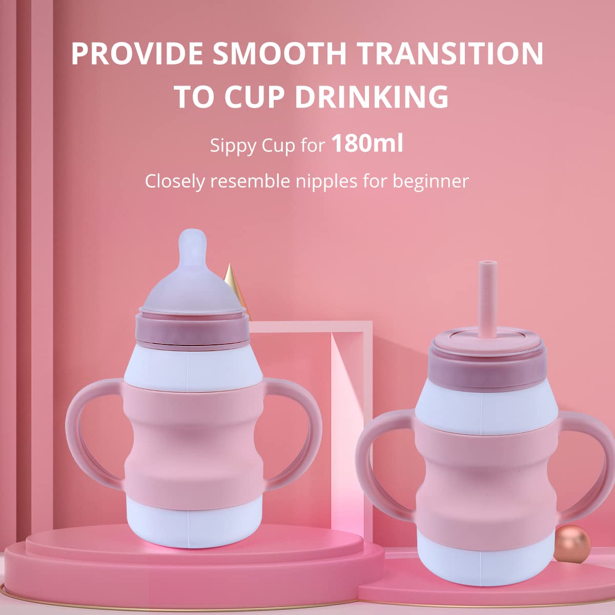 YRHH Toddler Sippy Cups with Straws-Spill Proof Silicone Transition Straw Sippy Cup for 6+ Months Baby, 6 Ounce (Pink)